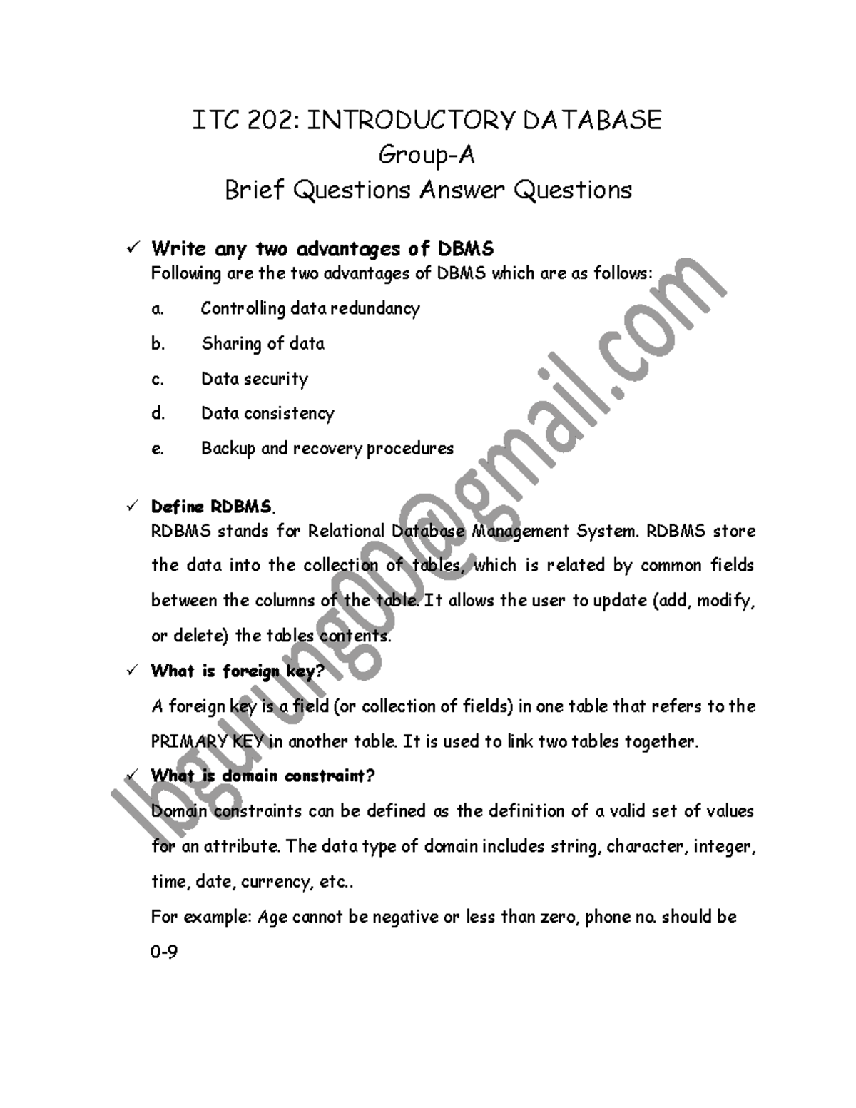 Brief answers of questions - ITC 202: INTRODUCTORY DATABASE Group-A ...