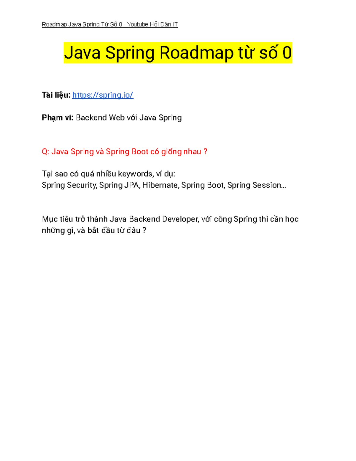 Java Spring Roadmap từ số 0: Học từ Cơ bản đến Nâng cao - Studocu