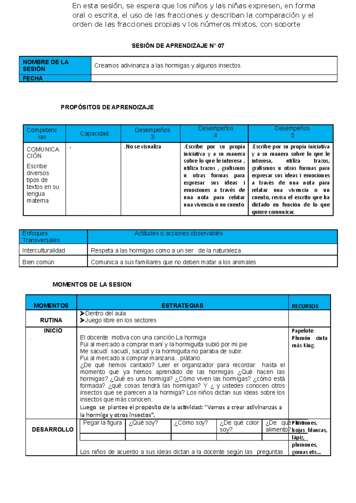 Sesion Hormiga 9 - SESION DE APRENDIZAJE N° 9 TITULO: “COLOCAMOS LAS HORMIGAS EN UNA BOTELLA Y ...