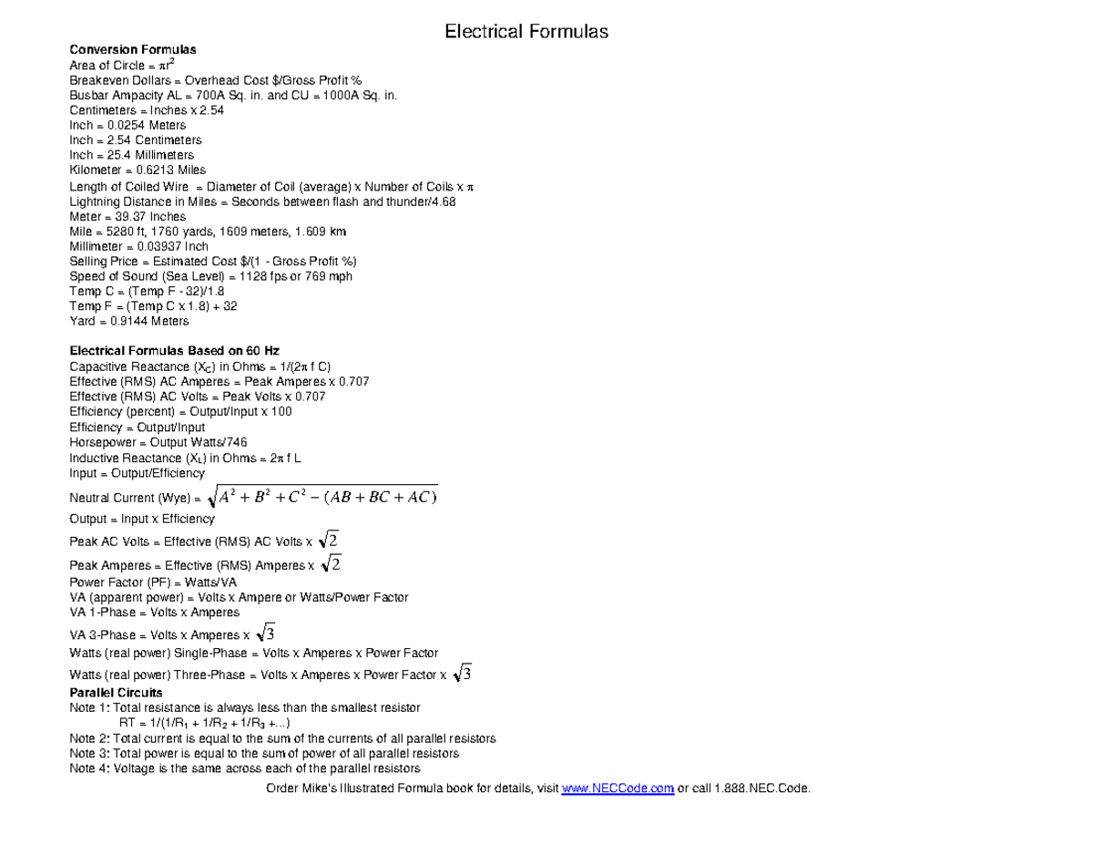 Electrical Formulas - Order Mike’s Illustrated Formula book for details ...