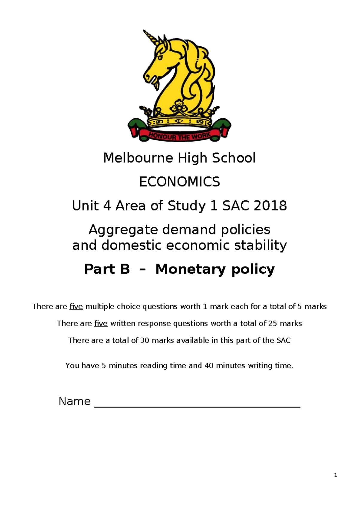 Melbourne High School ECONOMICS Unit 4 AOS 1 SAC 2018: Monetary Policy ...