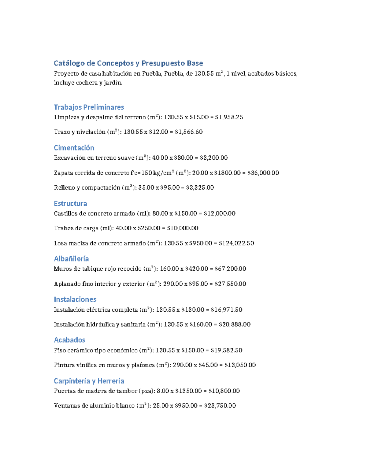 Catálogo de Conceptos y Presupuesto Base Proyecto Casa Habitación - Studocu