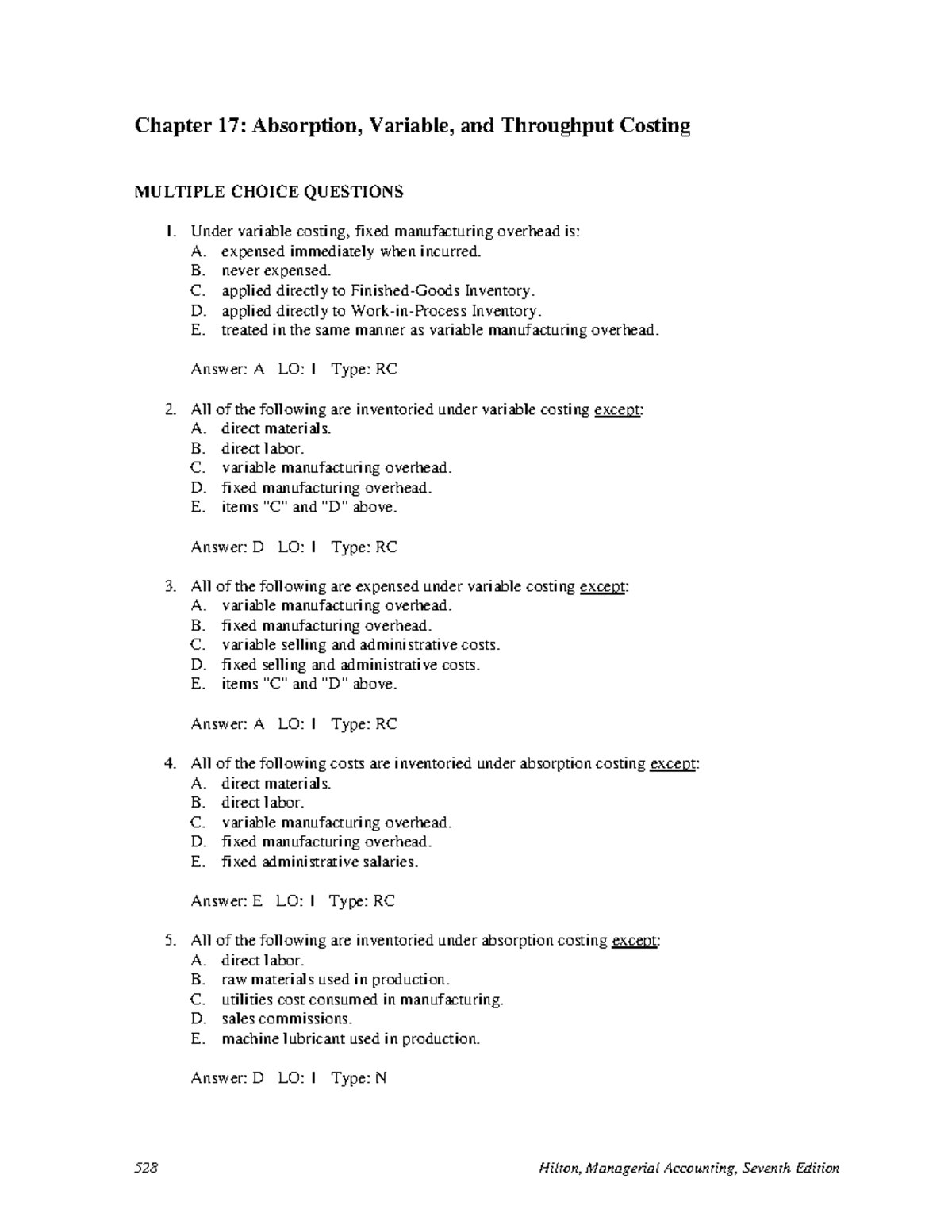 Chapter 17: Absorption, Variable, and Throughput Costing MCQs (ACCT 101 ...