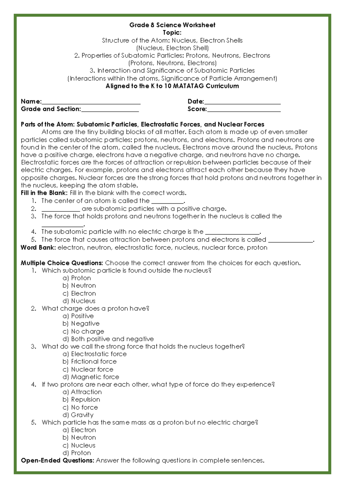 Grade 8 Science Worksheet: Structure of the Atom & Subatomic Particles ...