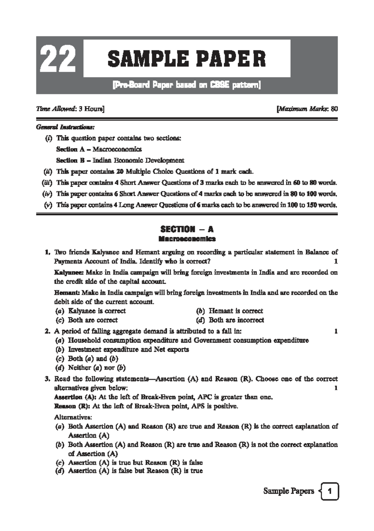 CBSE Class 12 EAD Economics Pre-Board Sample Paper 22 - Studocu