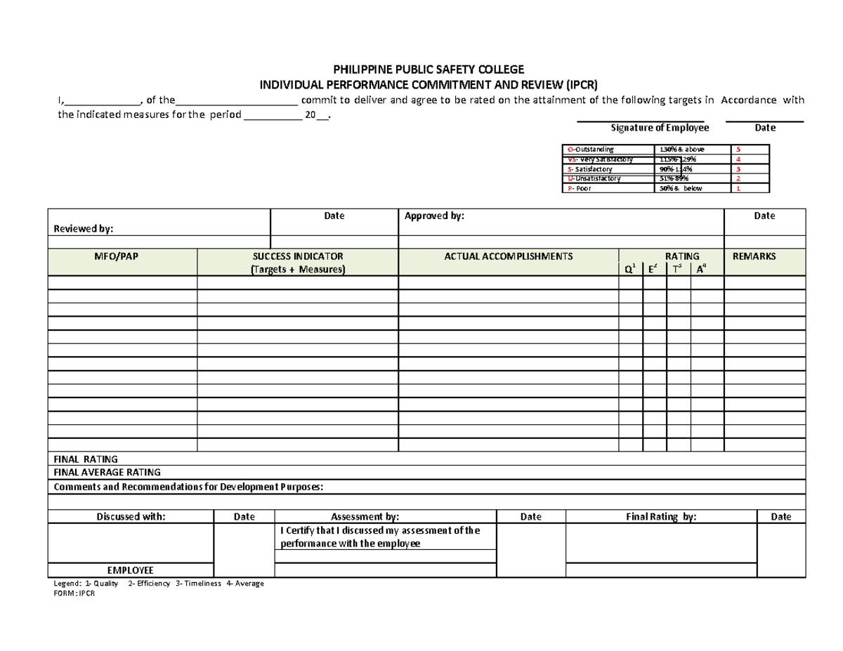 IPCR Blank Form for Individual Performance Commitment Review - Studocu