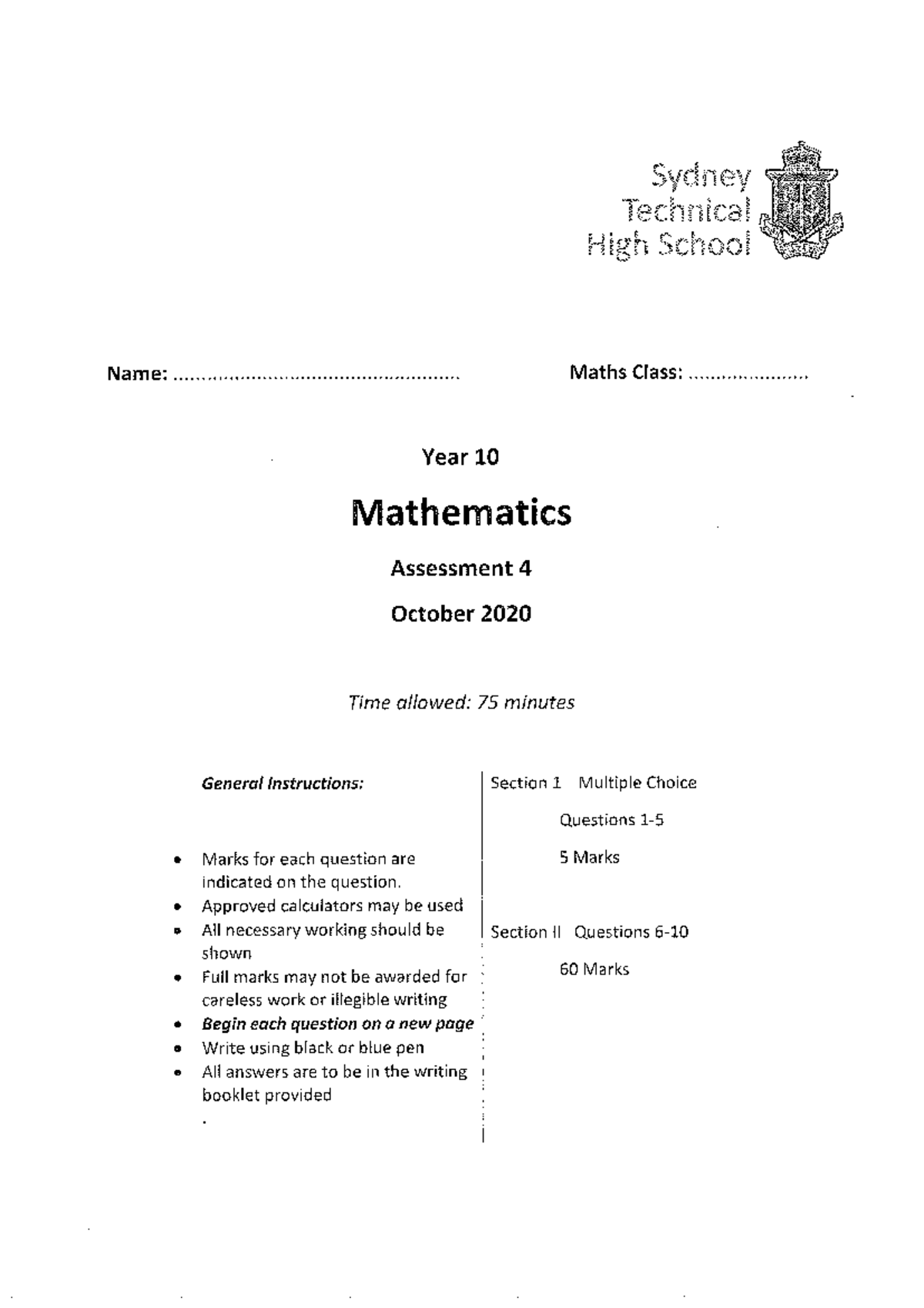 Year 10 Maths Yearly Exam & Solutions: Sydney Tech 2020 - Studocu