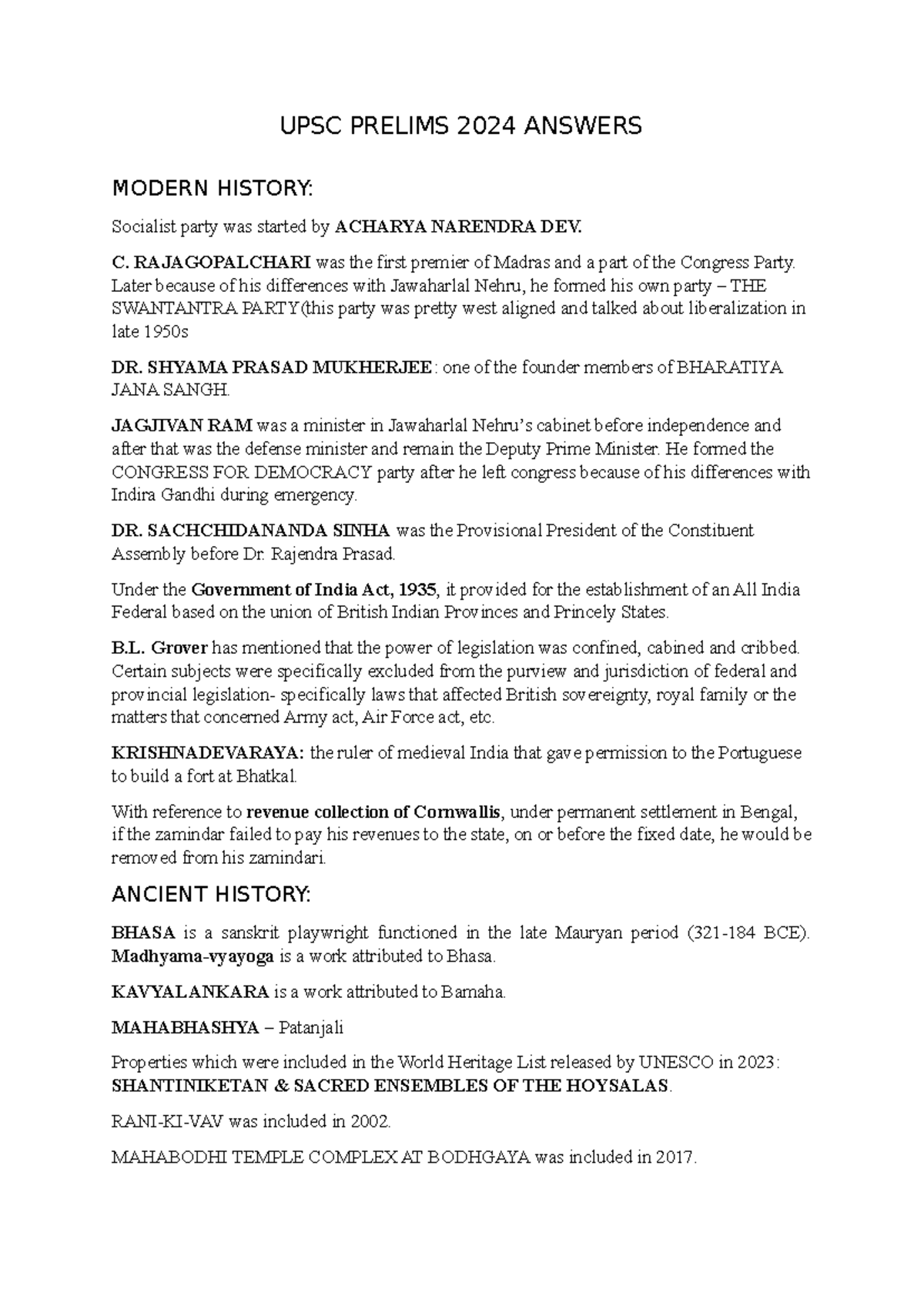 UPSC PRELIMS 2024: Modern History Key Answers and Insights - Studocu