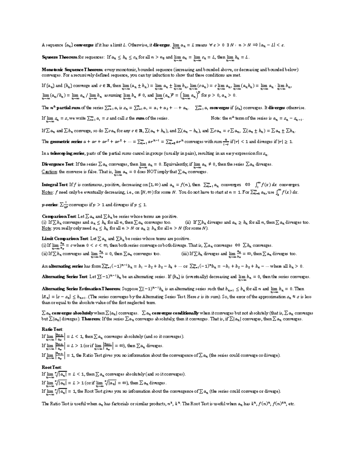 Calculus Chapter 11: Convergence and Divergence Cheat Sheet - Studocu