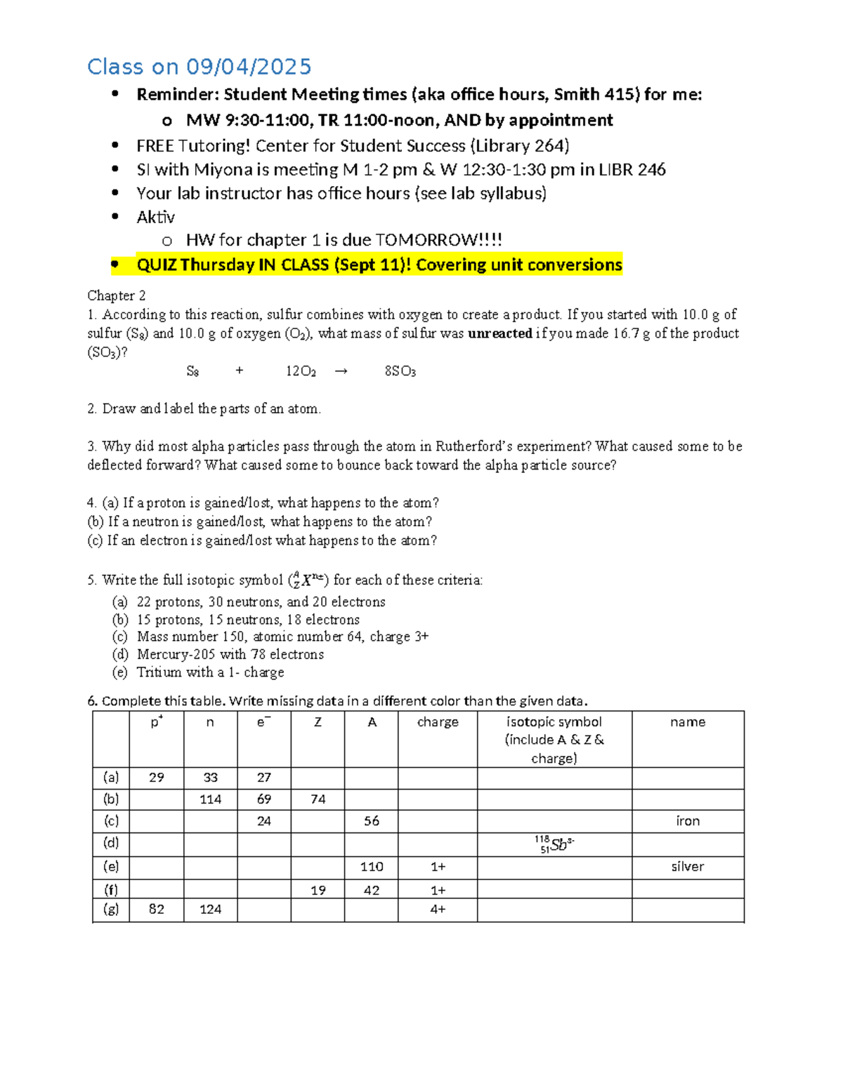 Chem 101: Worksheet on Atomic Structure & Reactions (Sept 2025) - Studocu