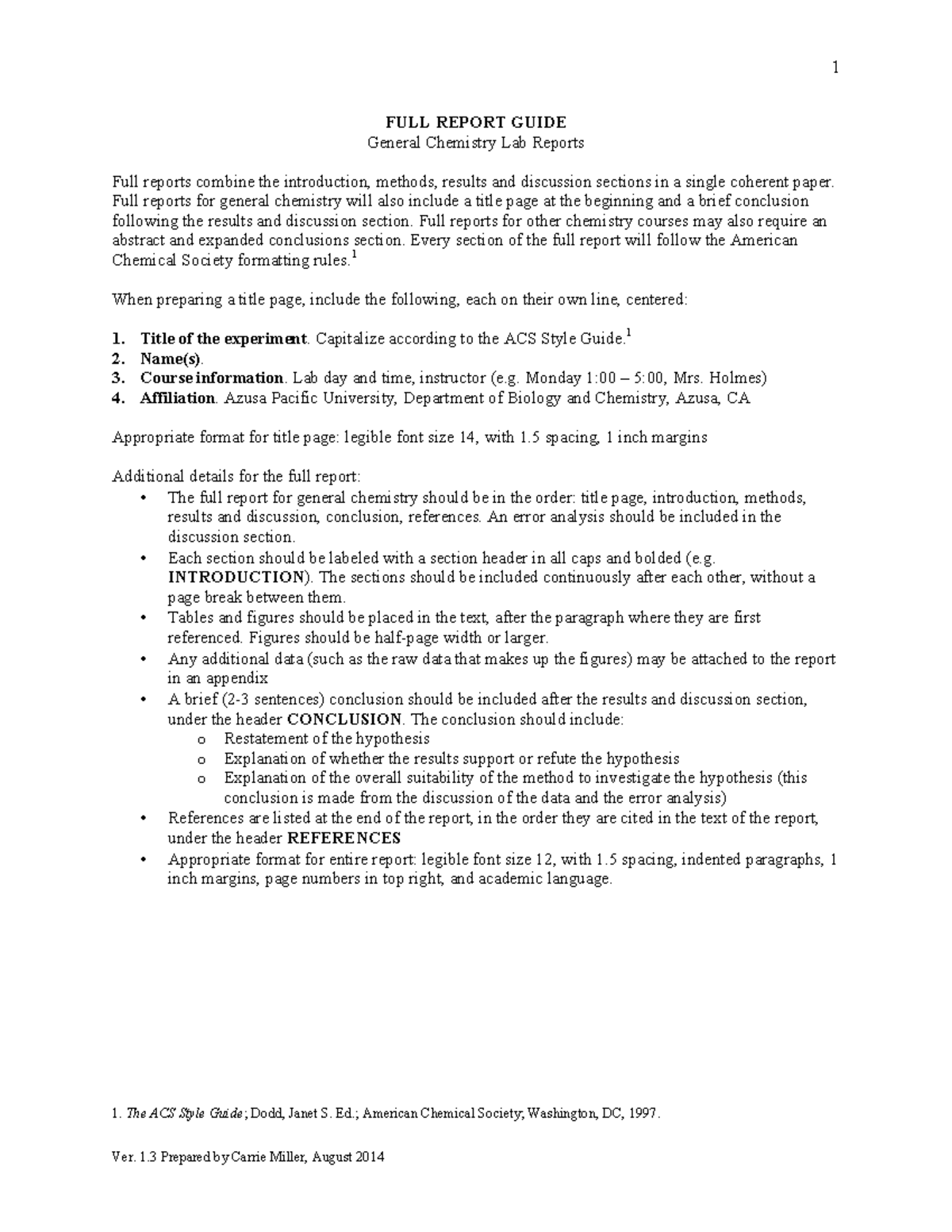 Chemistry Lab Report Guidelines - 1 FULL REPORT GUIDE General Chemistry ...
