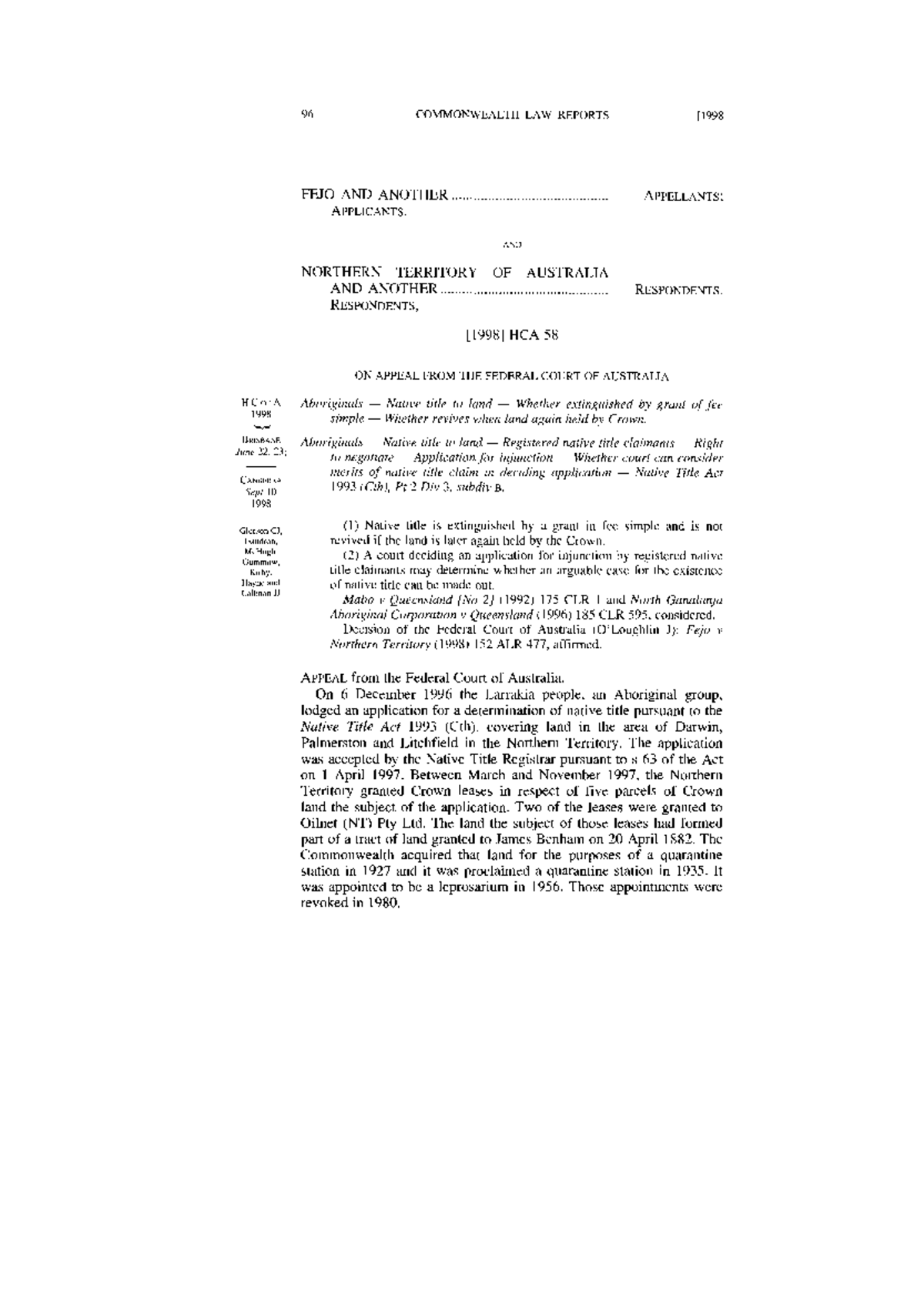 Fejo v Northern Territory (1998) 195 CLR 96: Native Title and Crown ...
