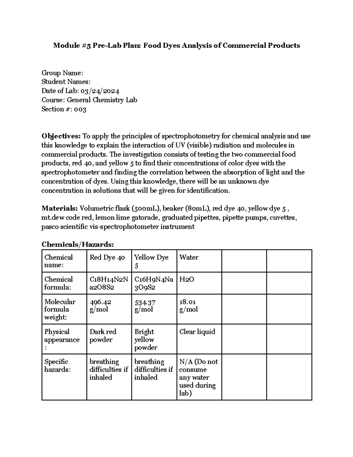 Module #5 Pre-Lab Plan Part 2 - Module #5 Pre-Lab Plan: Food Dyes ...