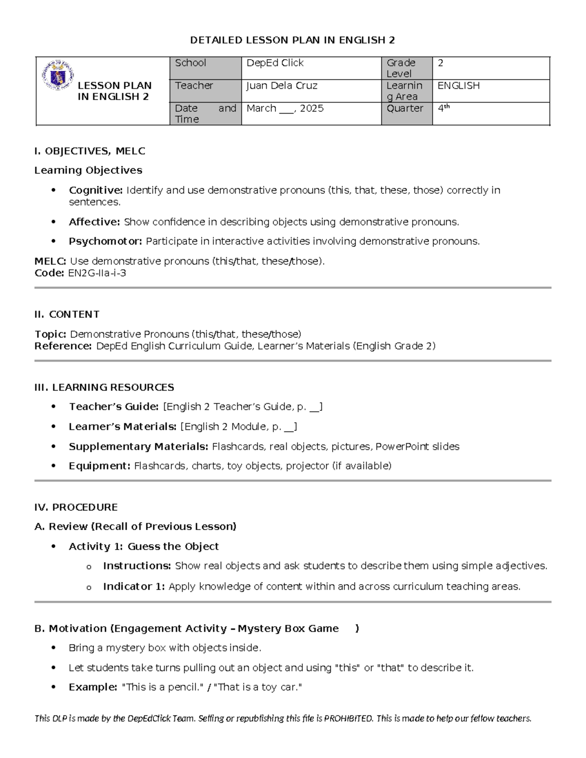 CO EN2 Q4 Detailed Lesson Plan on Demonstrative Pronouns - Studocu