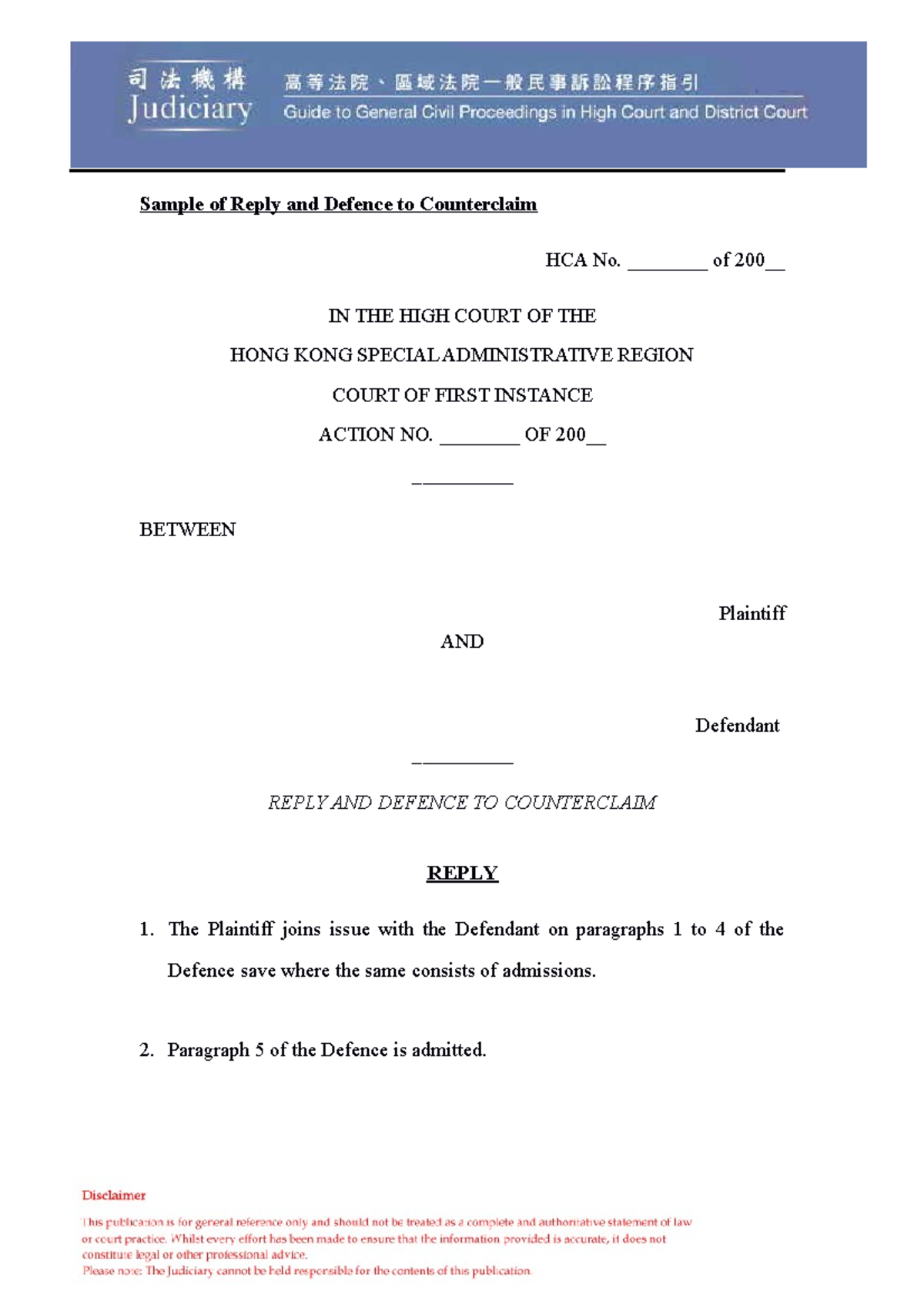 Reply and Defence to Counterclaim Sample HCA No. ________/200__ - Studocu