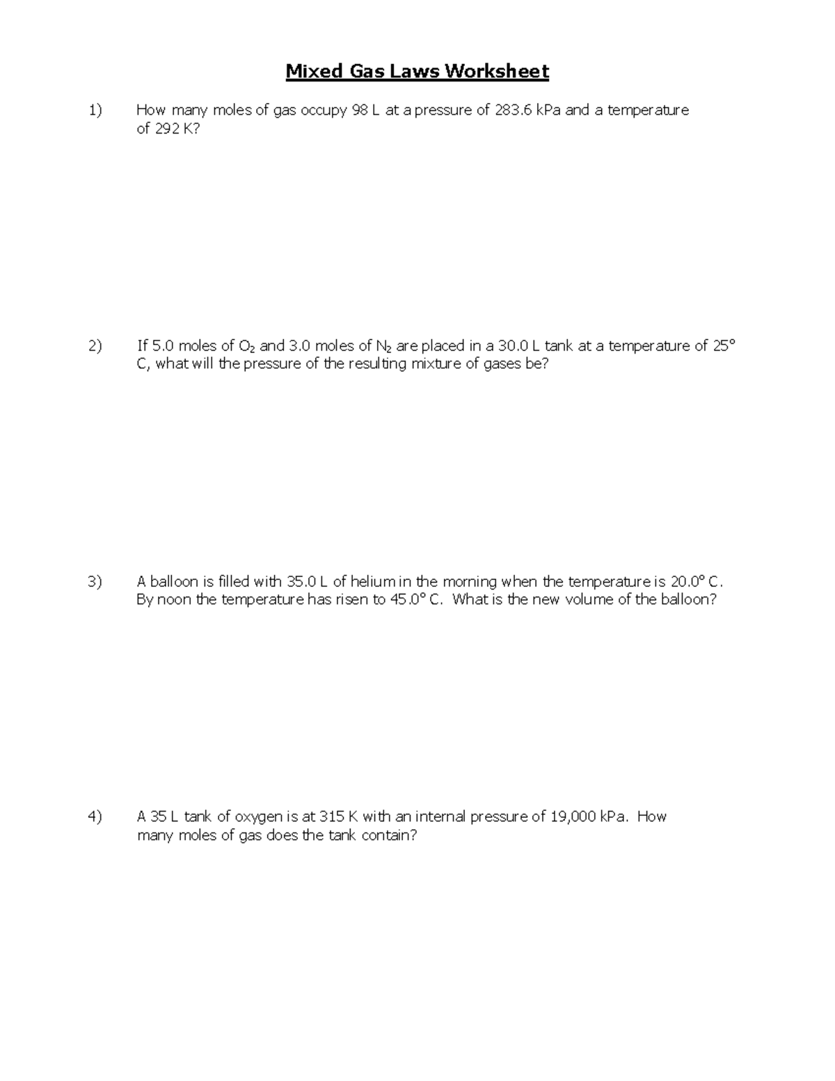 Gas Laws Worksheet: Practice Questions and Solutions - Studocu