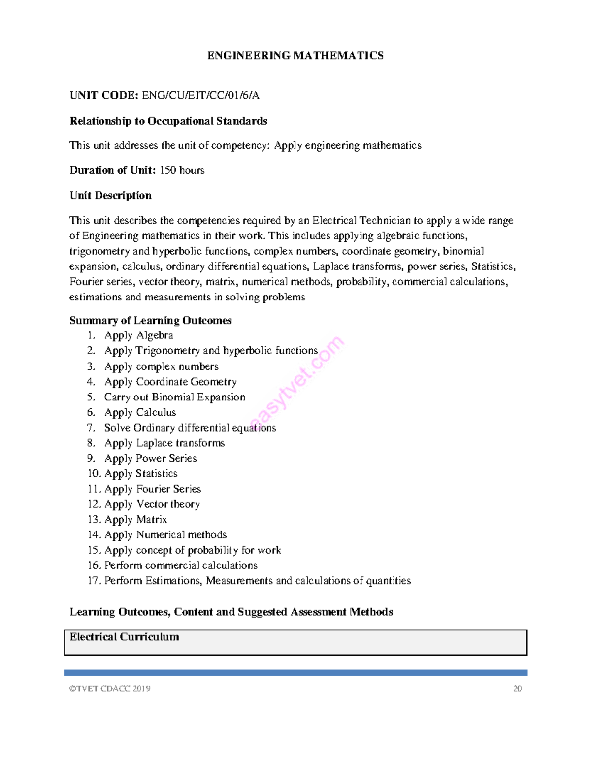 Engineering Mathematics for Electrical Technicians: Unit Code CDACC ...