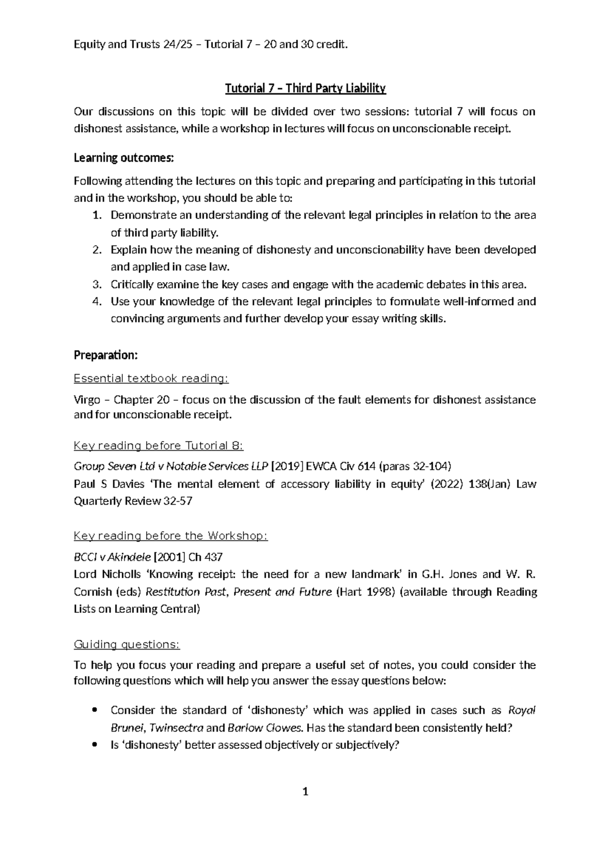 Tutorial 7 - worksheet - Equity and Trusts 24/25 – Tutorial 7 – 20 and ...