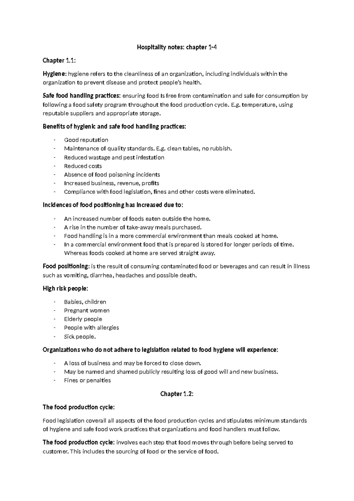 Chapters 1-4 notes - Hospitality notes: chapter 1- Chapter 1: Hygiene ...