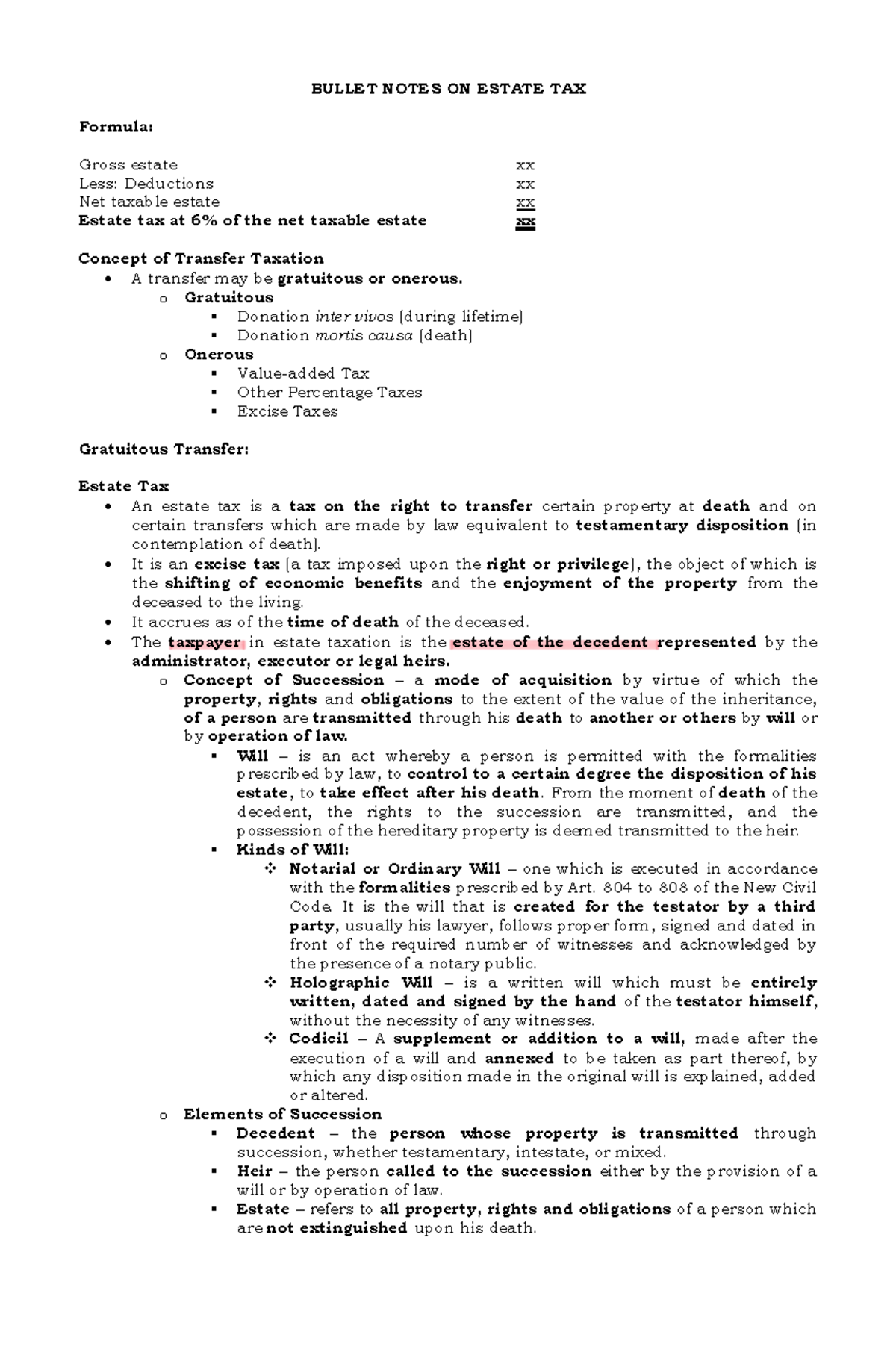 Bullet Notes 6 - Estate Tax - BULLET NOTES ON ESTATE TAX Formula: Gross ...