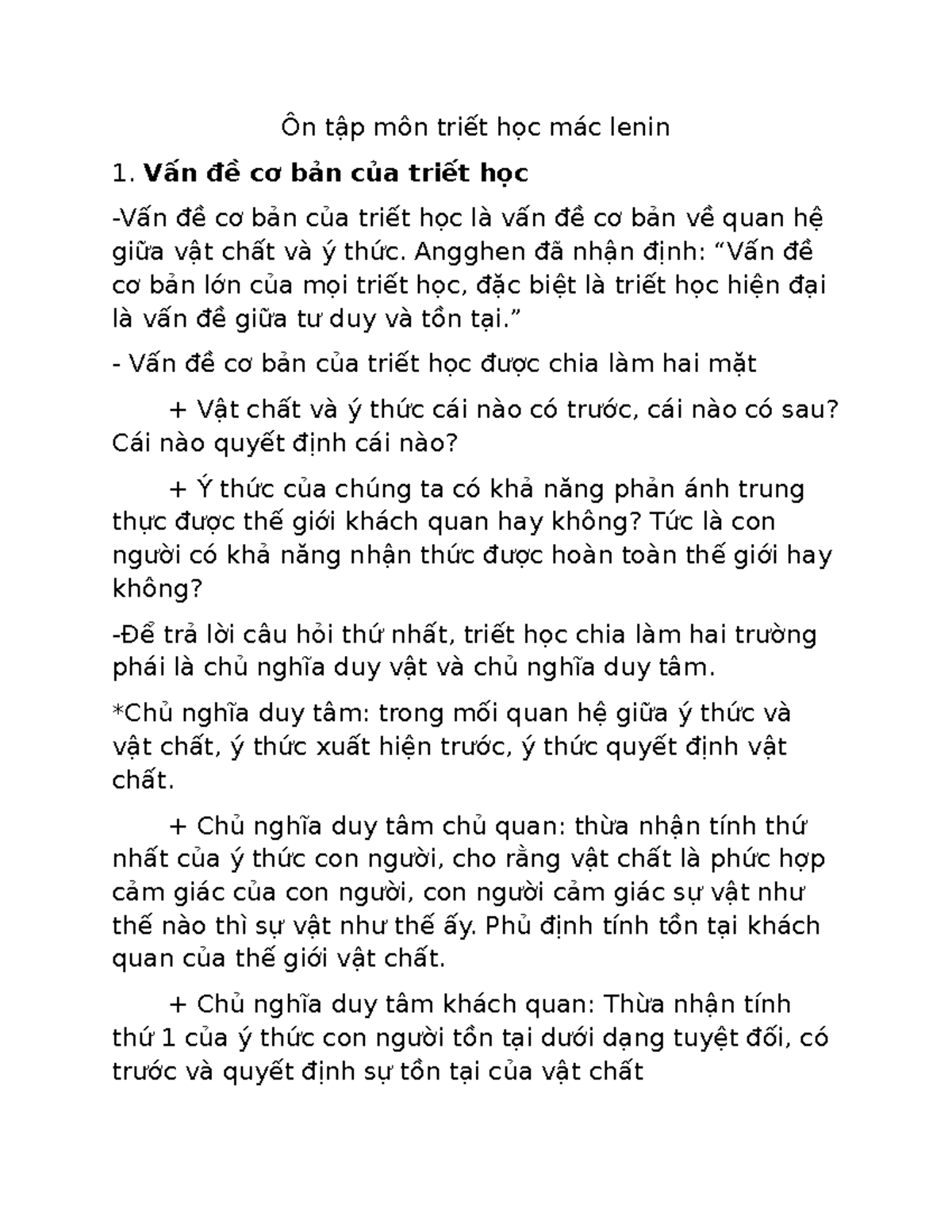 Ôn Tập Môn Triết Học Mác-Lenin 1: Các Vấn Đề Cơ Bản - Studocu