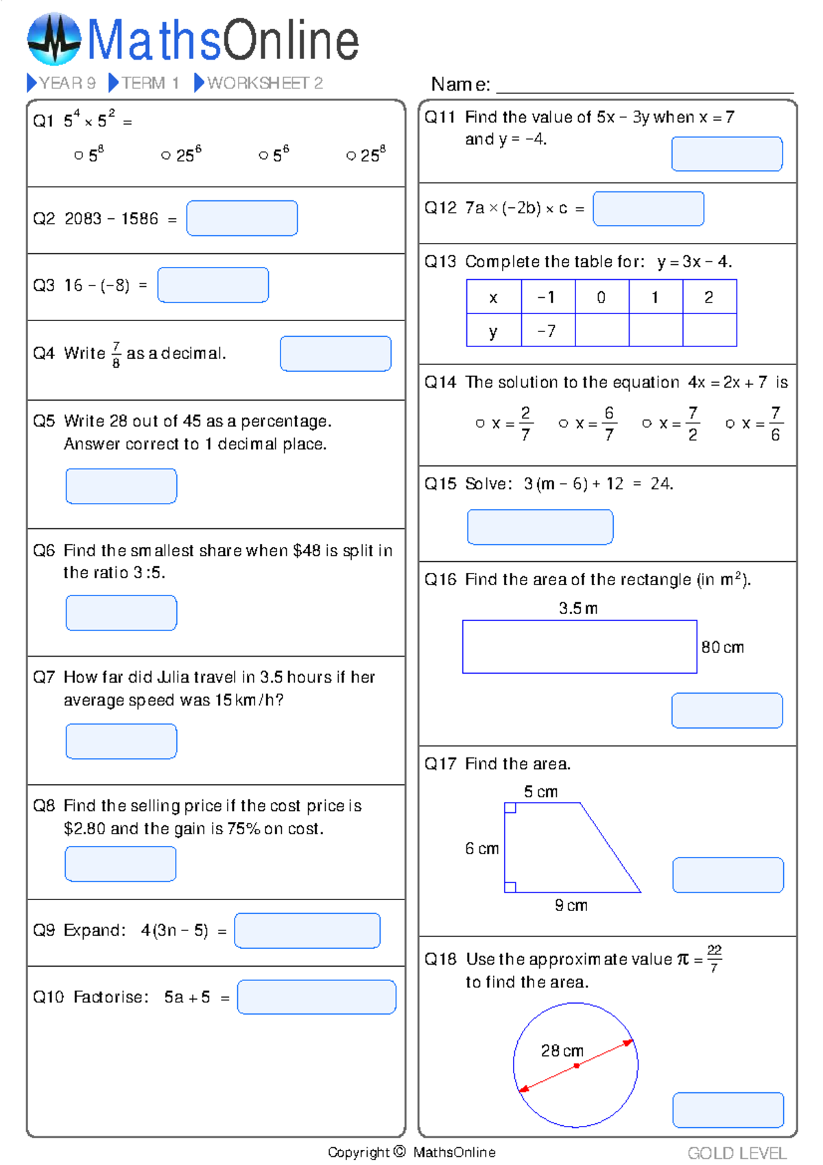 MathsOnline YEAR 9 TERM 1 WEEK 2 Practice Worksheet - Studocu