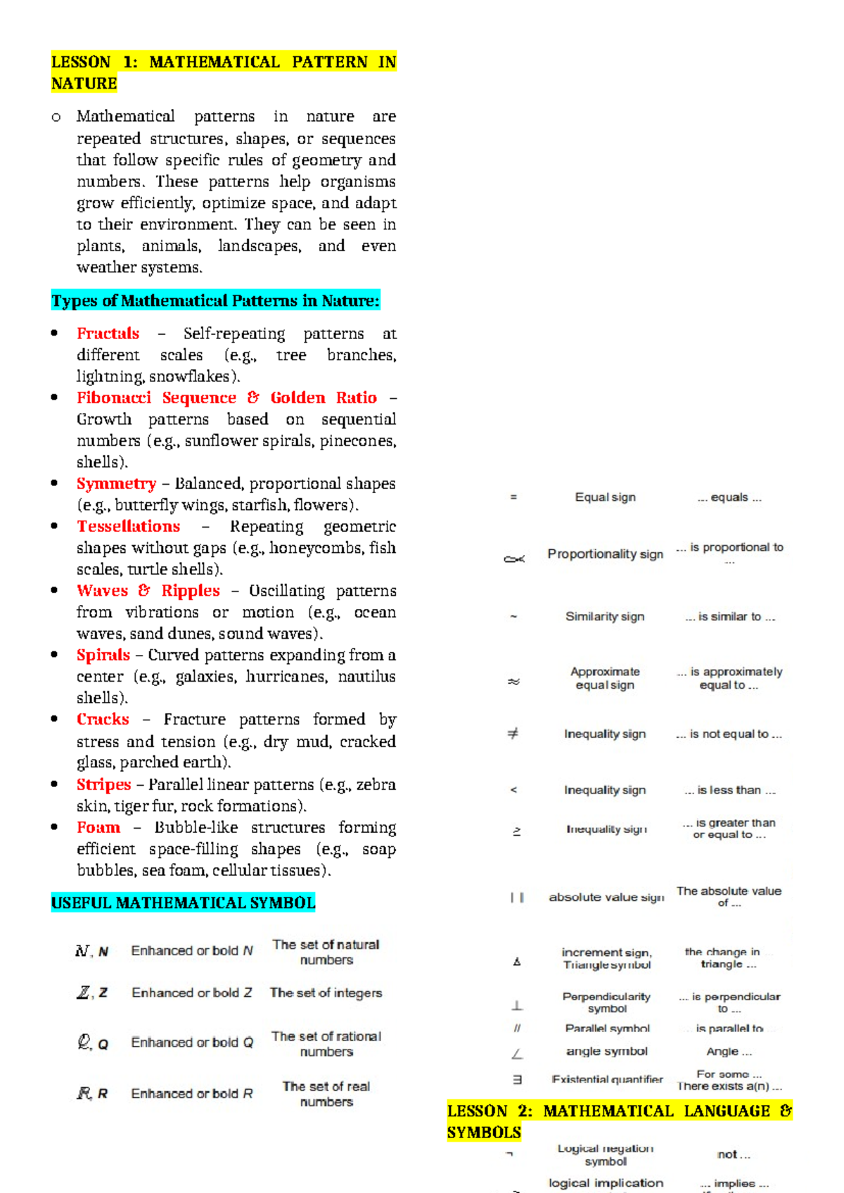 MMW 101: Mathematical Patterns and Language in Nature - Lesson 1 - Studocu