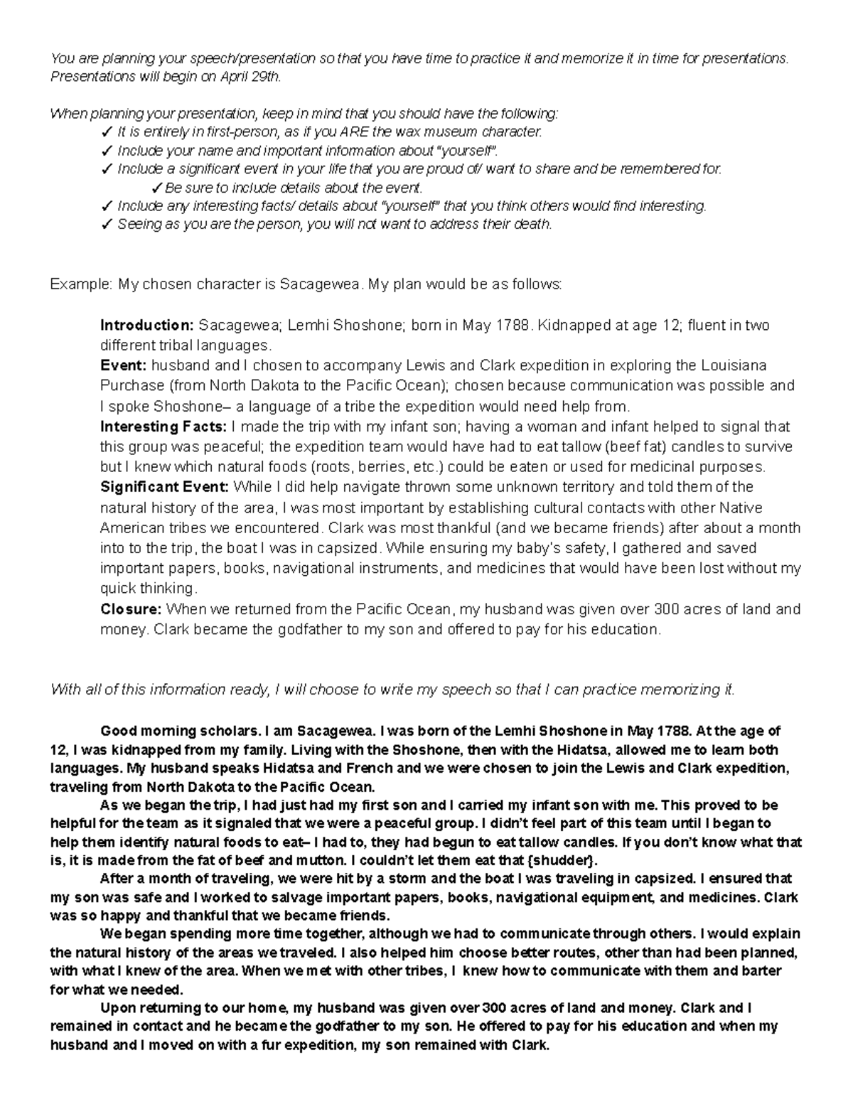 Wax Museum Presentation: Sacagawea's Inspiring Journey - Studocu