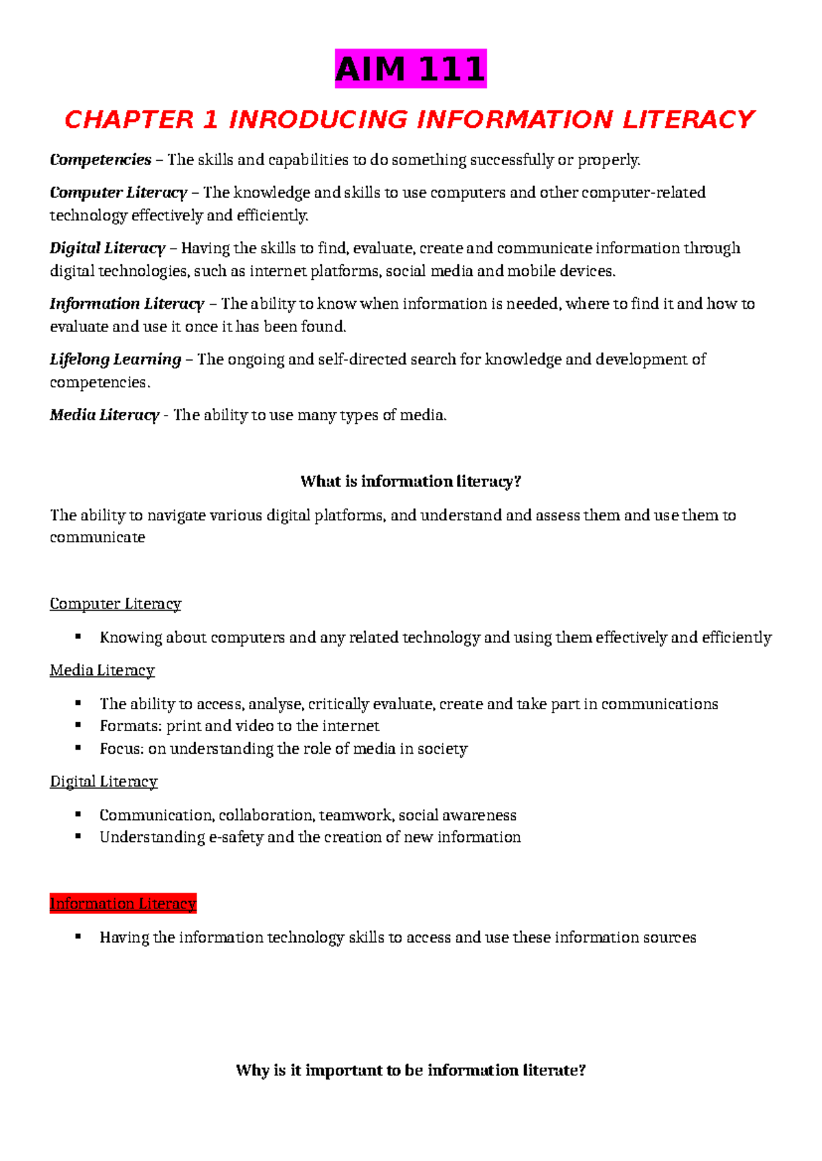 AIM 111 Semester Test 1: Information Literacy & Retrieval Strategies ...