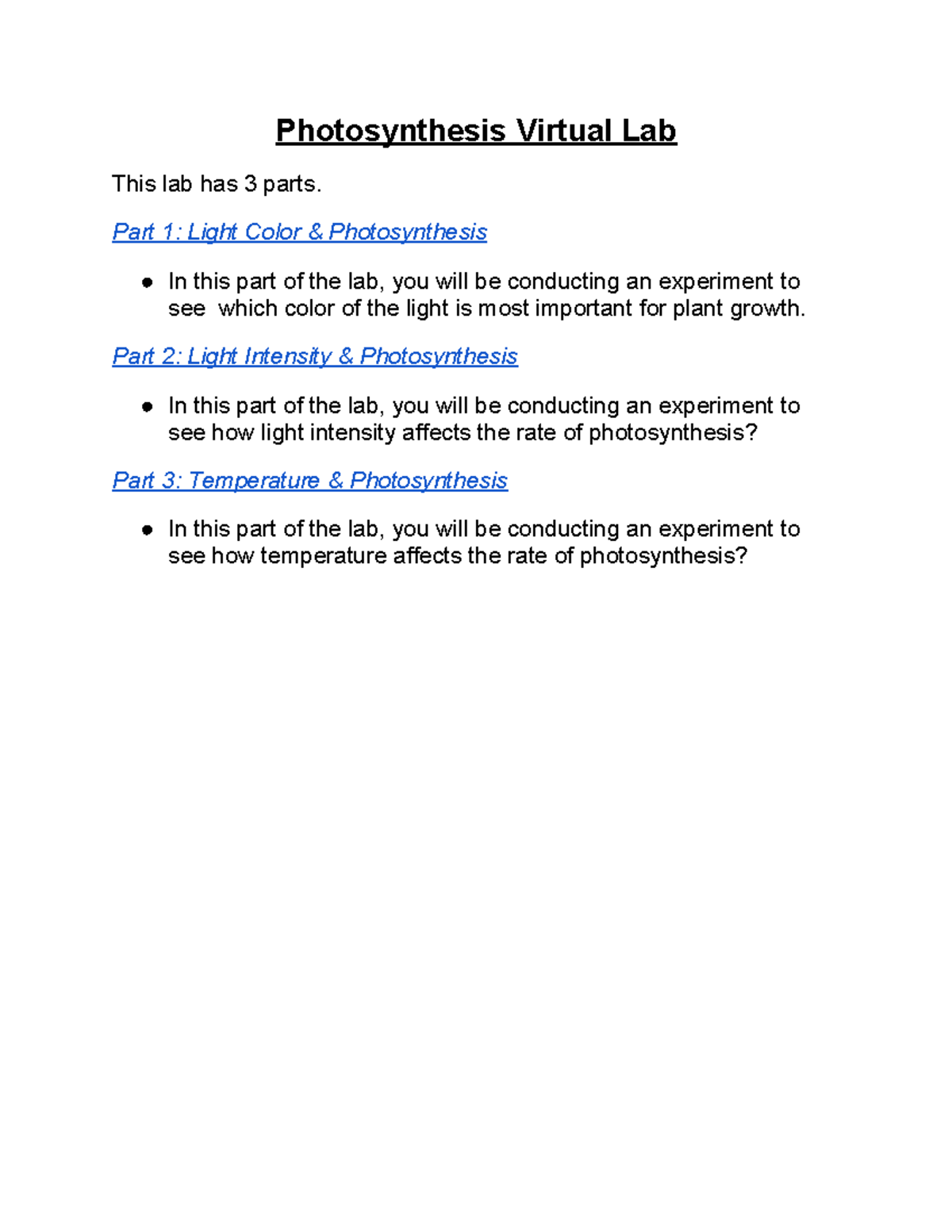 Photosynthesis Virtual Lab 2.3: Light Effects on Plant Growth - Studocu