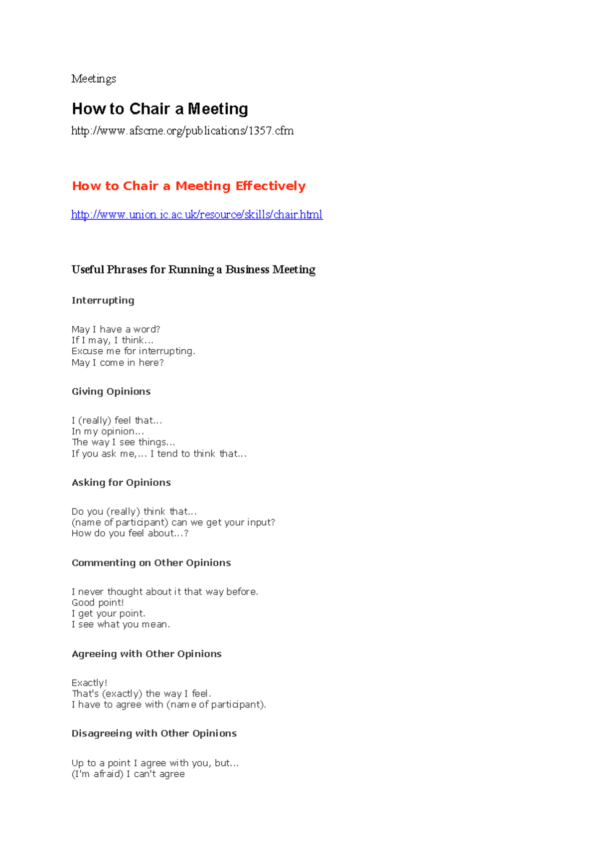 Meetings (DDDD): Effective Phrases for Chairing Discussions - Studocu