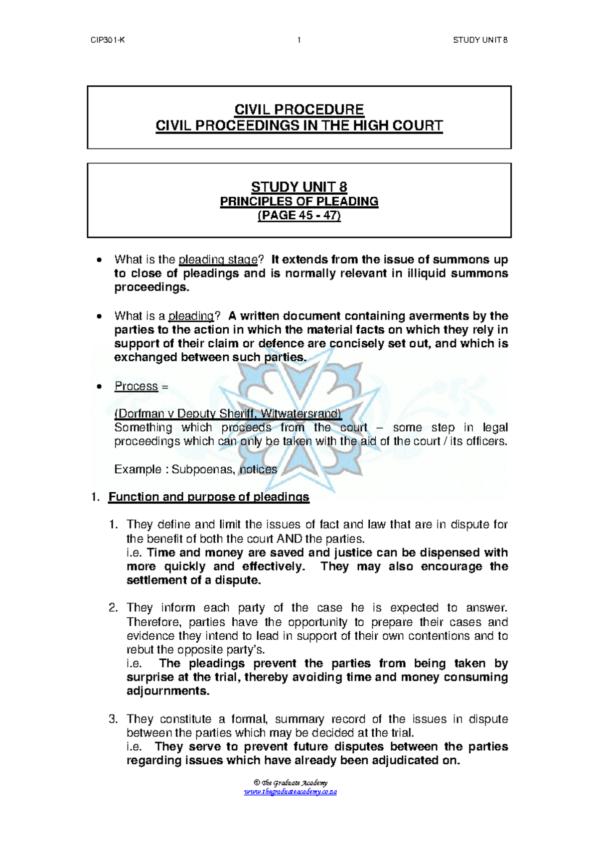 CIP301-K Study Unit 8: Principles of Pleading in Civil Procedure - Studocu