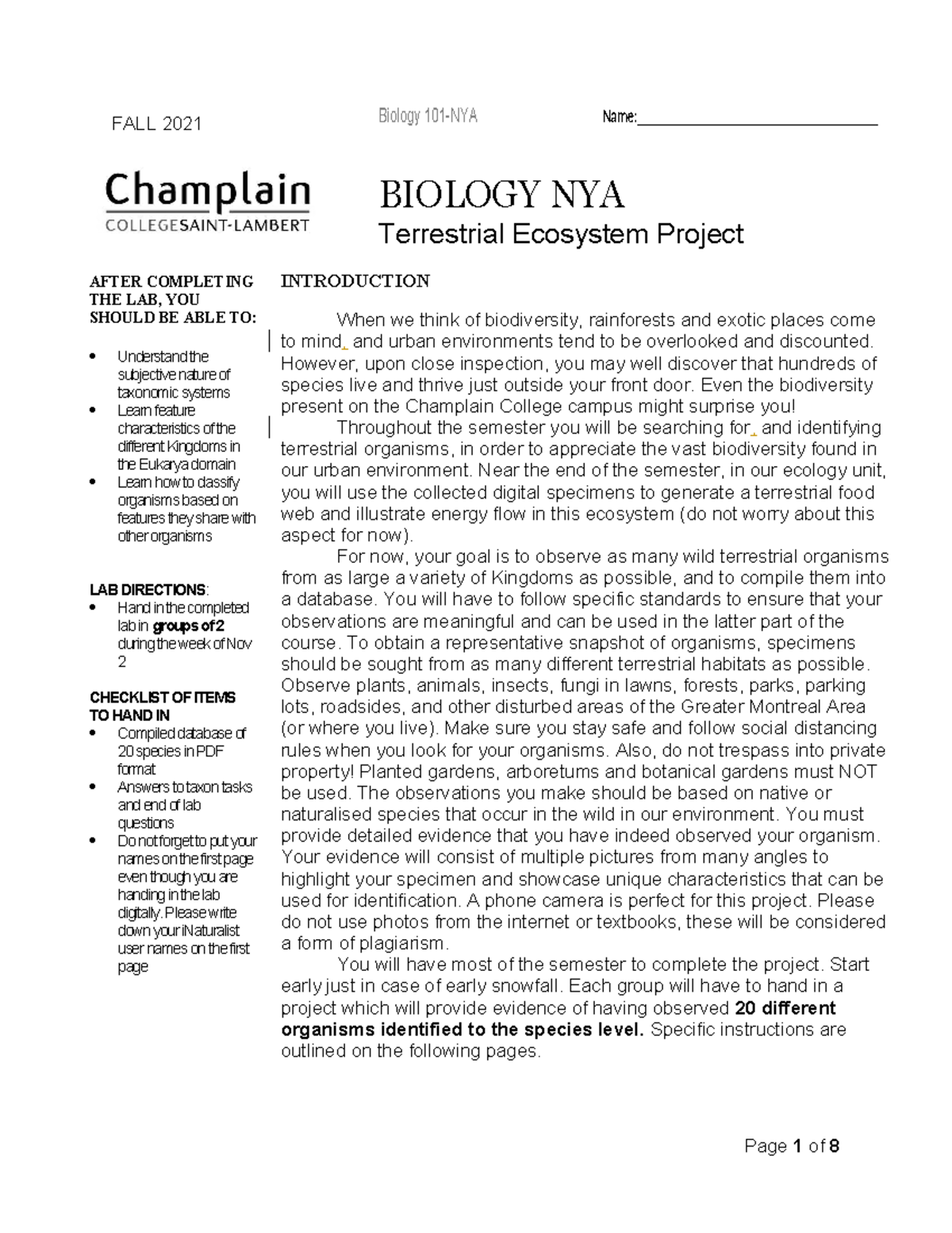 FALL 2021 BIOLOGY NYA Terrestrial Ecosystem Project Guidelines and ...