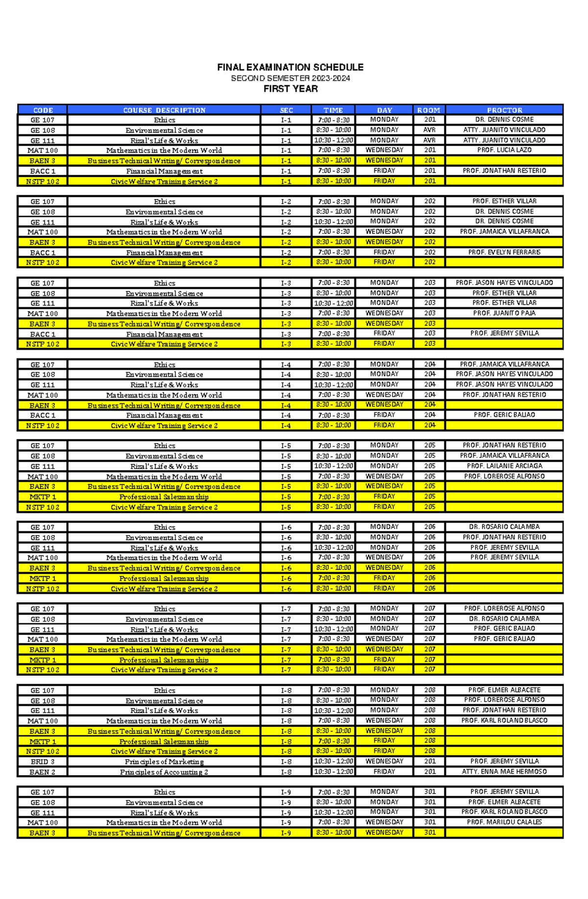 First-Year Final Exam Schedule 2023 - Course Codes Included - Studocu