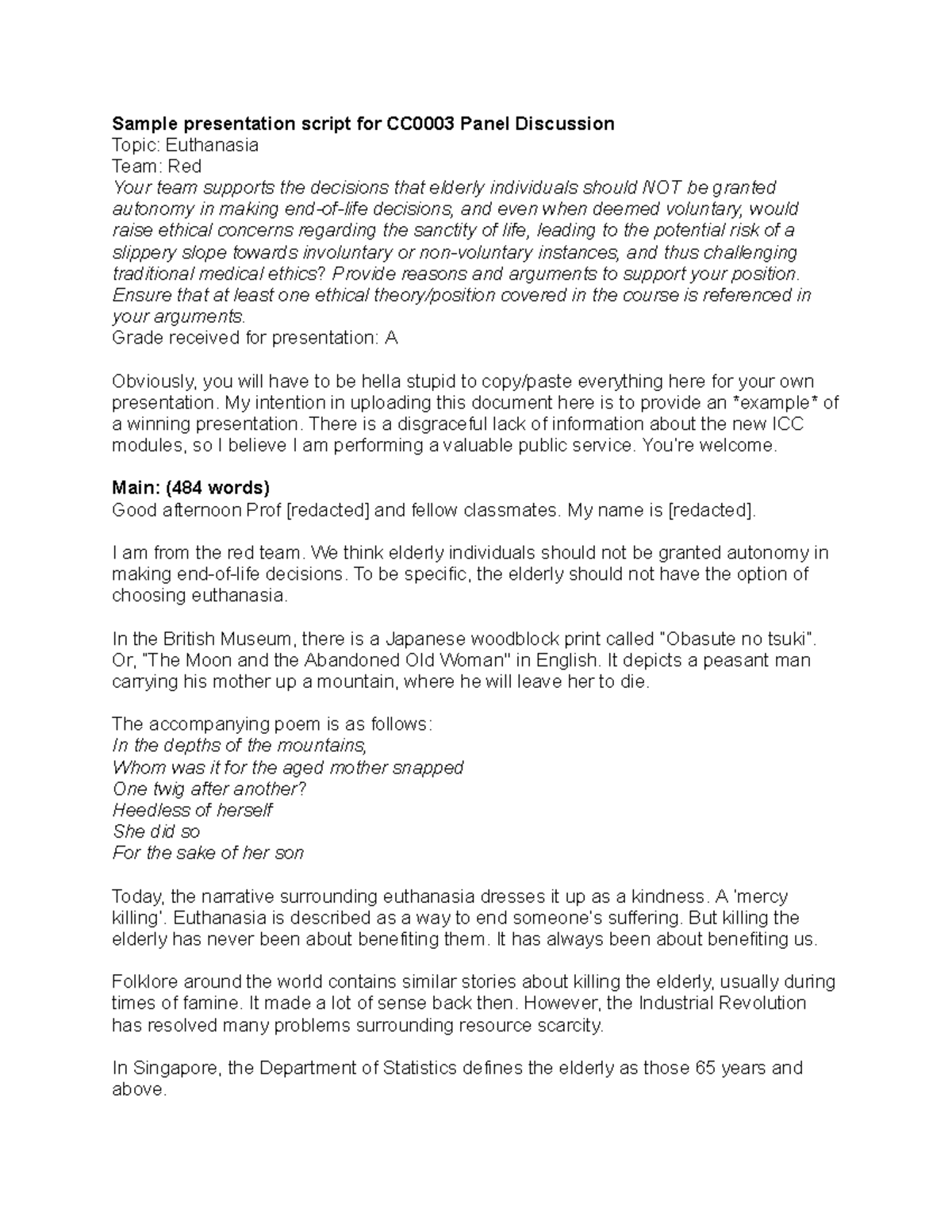 CC0003 Final Exam Panel Discussion Script on Anti-Euthanasia Argument ...