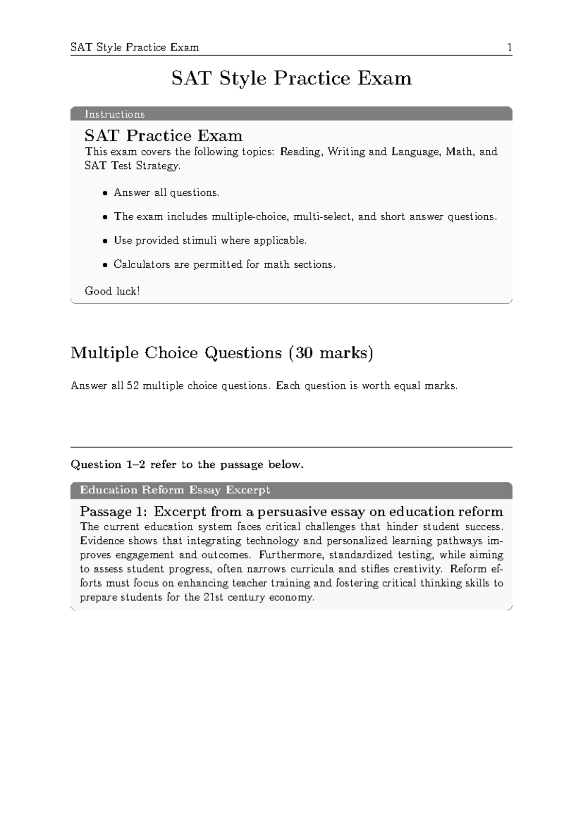 SAT Style Practice Exam: Scoring Guide for Test 1 - Studocu