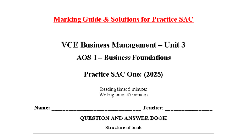 Marking Guide Solutions for Practice SAC 1 VCE Business Management Unit ...
