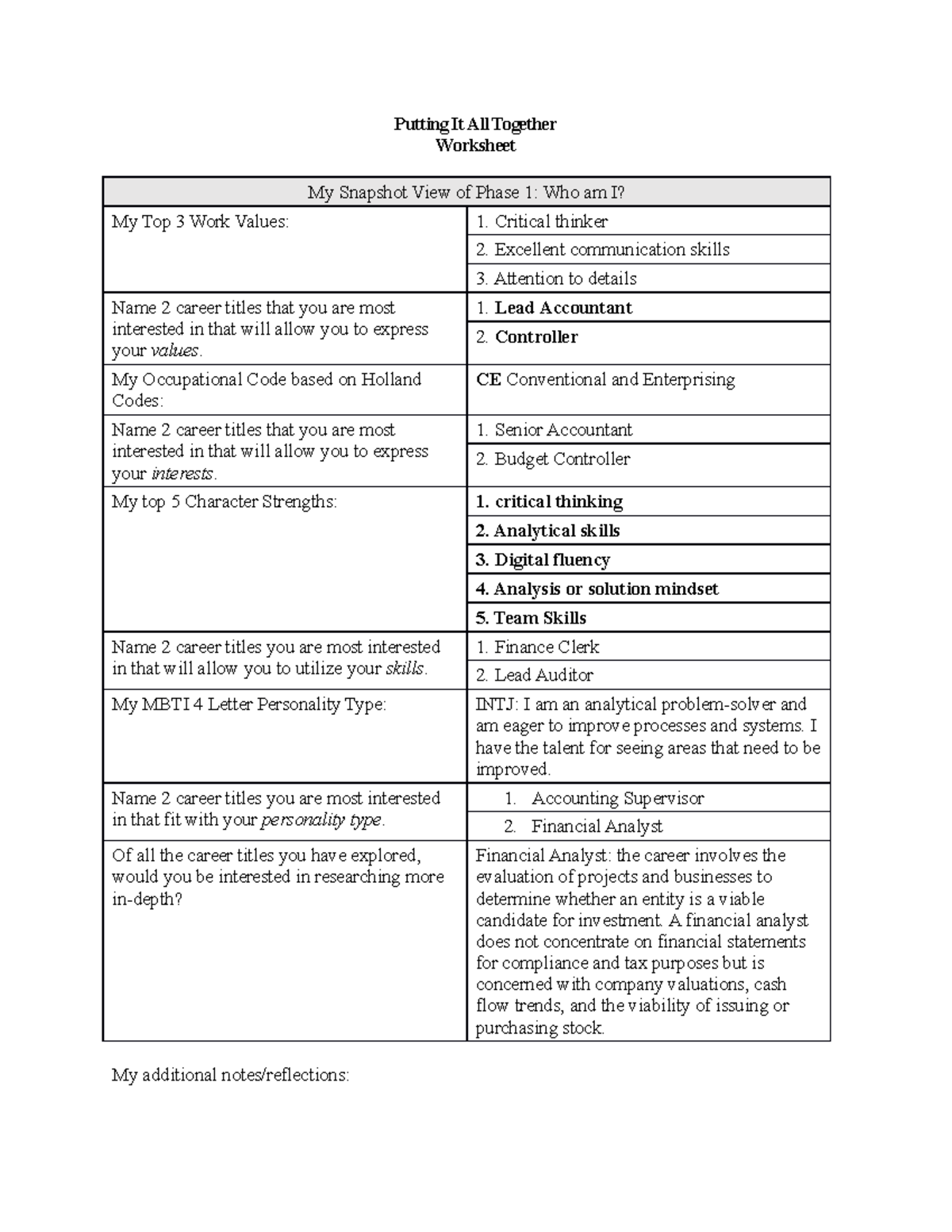 ID 366951489 Career Values and Strengths Reflection Worksheet - Studocu