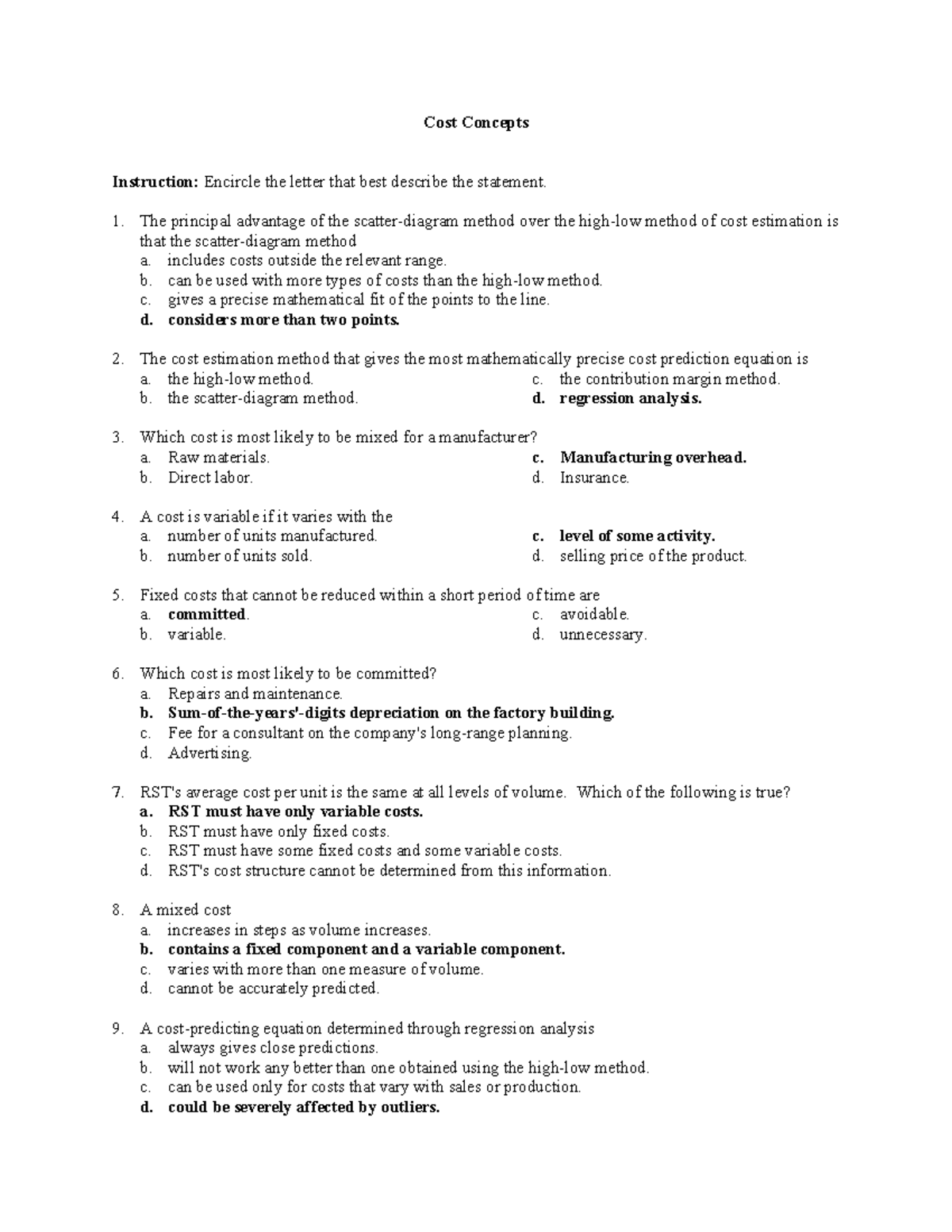 2 - Cost Concepts - Exercises - Questions - Cost Concepts Instruction ...