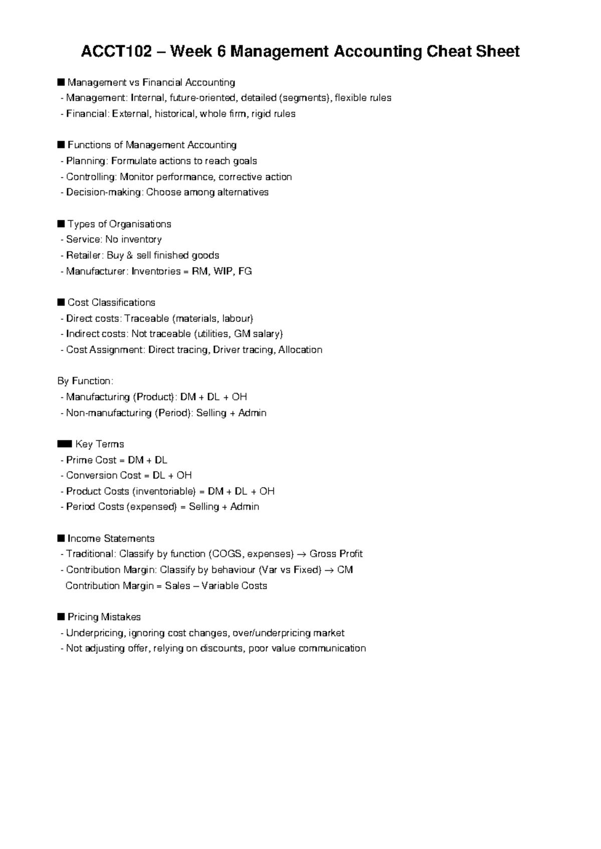 ACCT102 Week 6 Management Accounting Cheat Sheet - Studocu