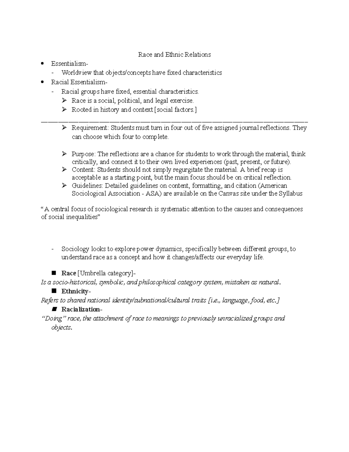 Race and Ethnic Relations Journal Reflections (Sociology 101) - Studocu