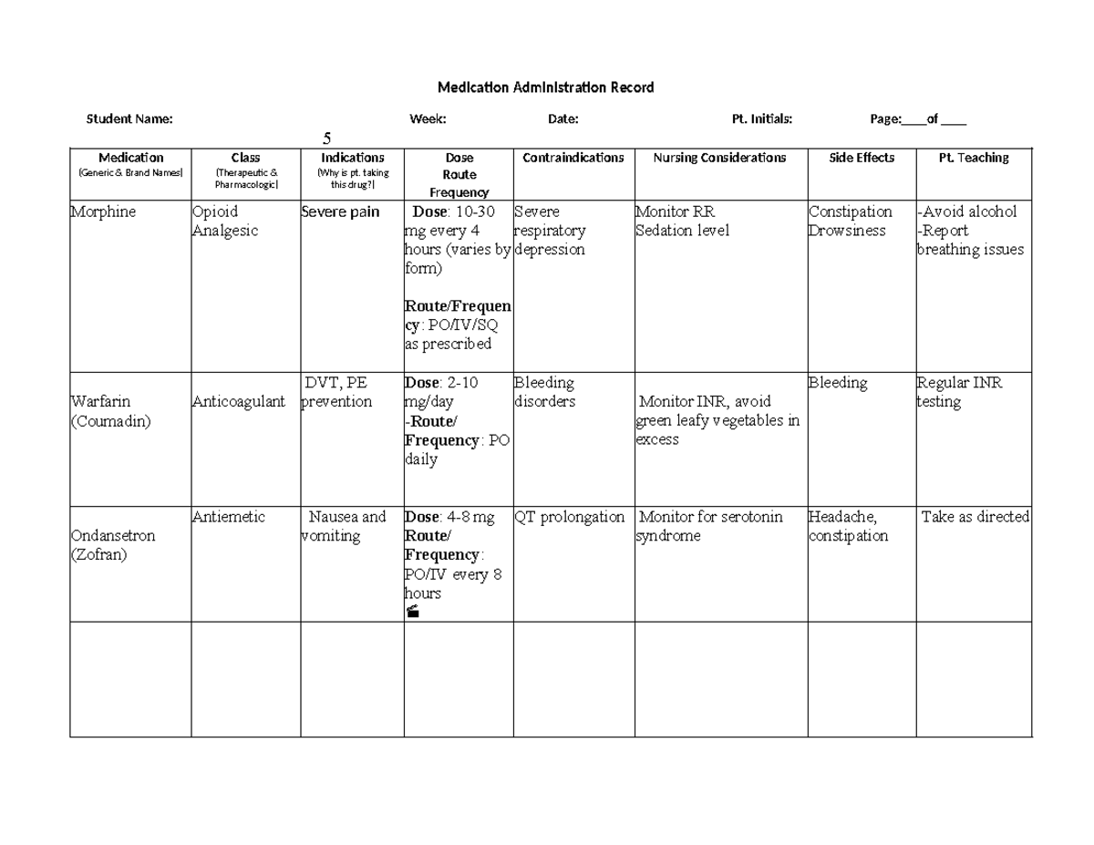 MAR Form Wk5 - Medication form - Medication Administration Record ...