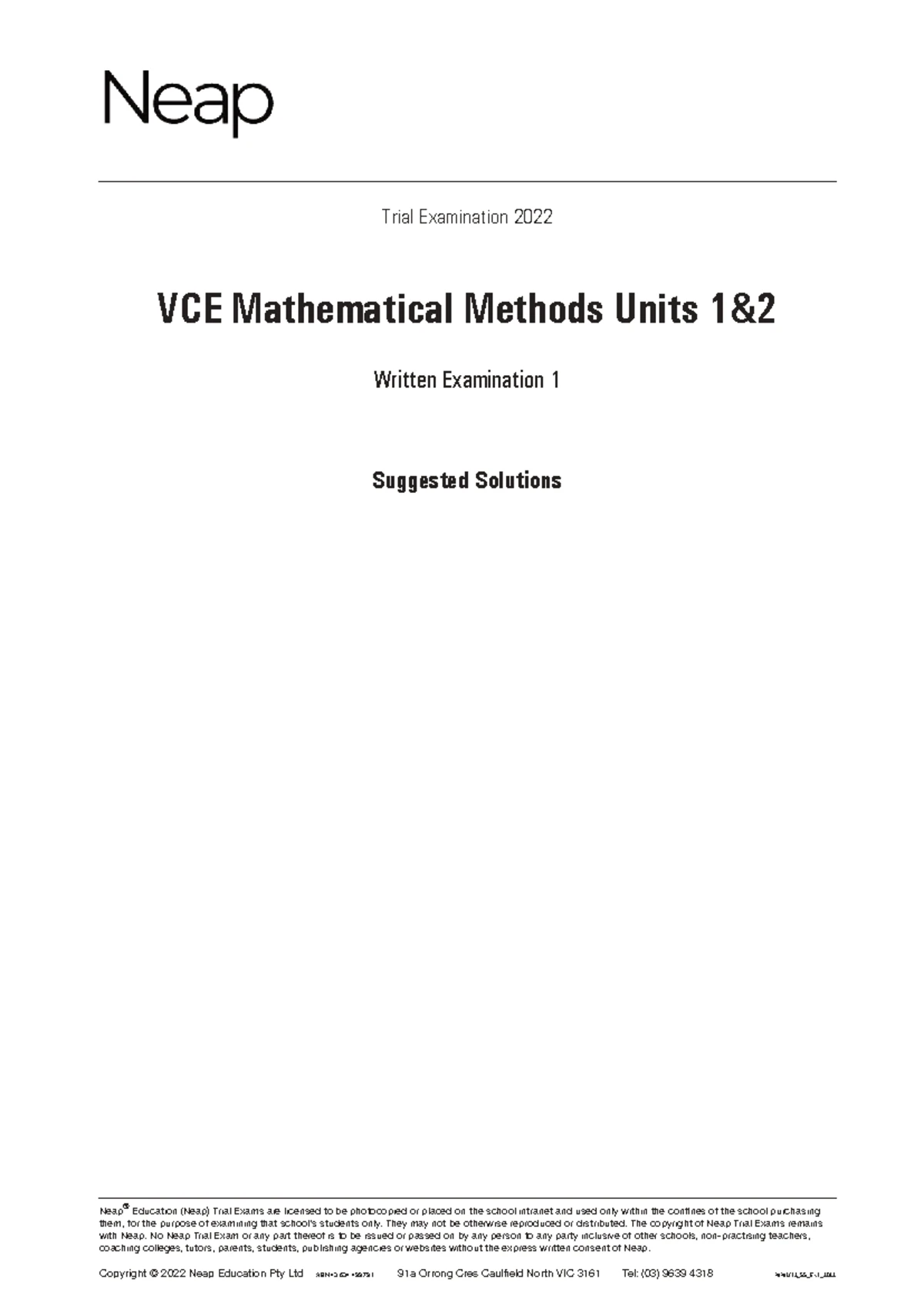 MMU12 Trial Exam 2021 VCE Mathematical Methods Suggested Solutions - Studocu