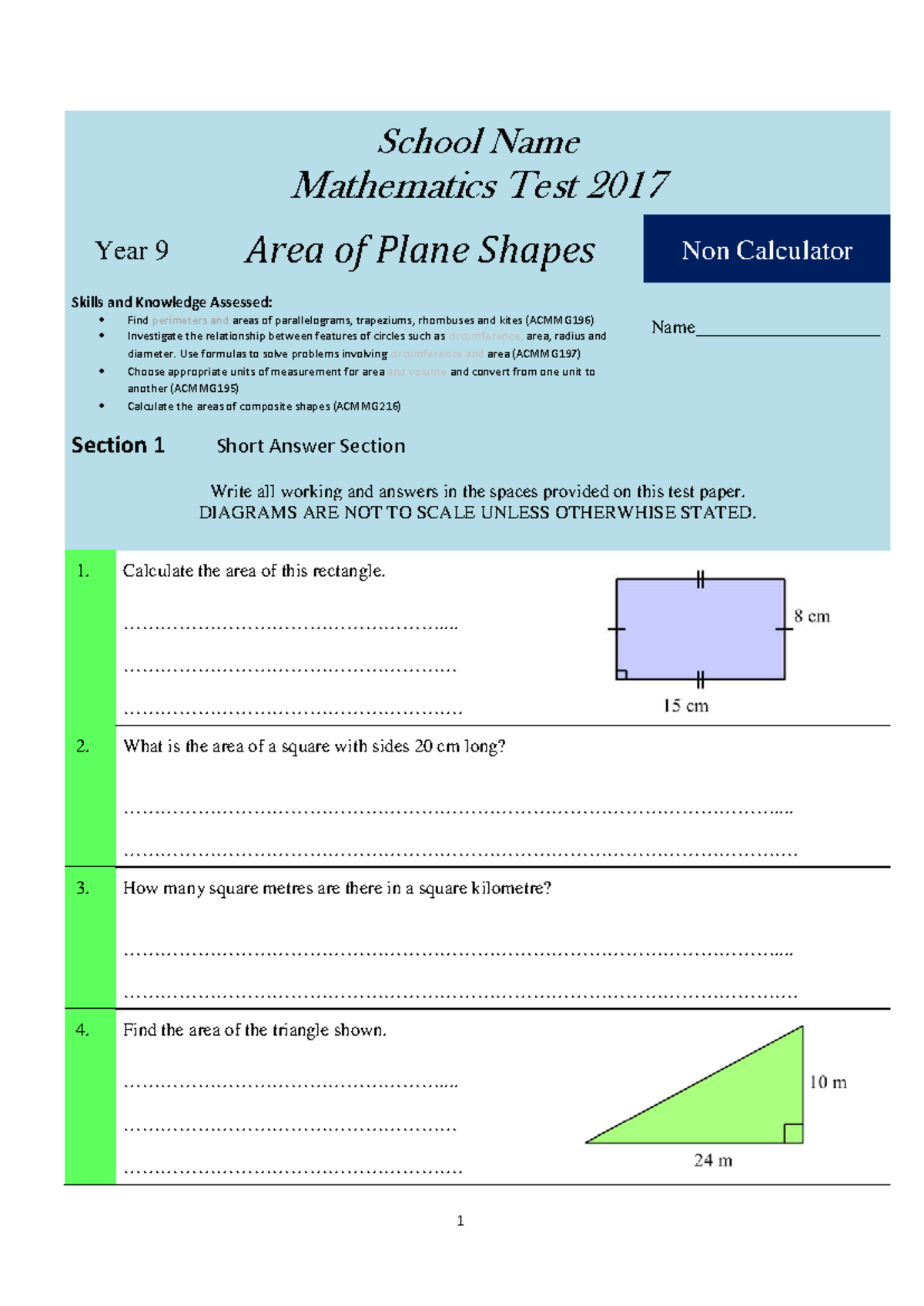 Area of Plane Shapes Test 2017 (Year 9) - Non-Calculator & MCQ Sections ...