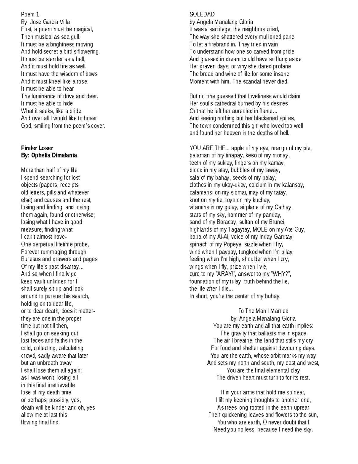 Poetry Analysis: Jose Garcia Villa & Angela Manalang Gloria - Studocu