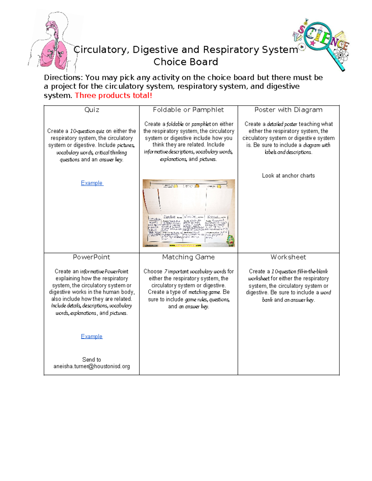 Circulatory, Digestive and Respiratory System Choice Board ...