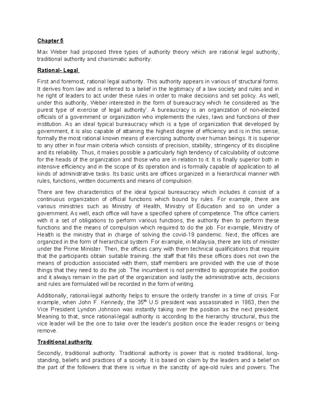 Chapter 5: Max Weber's Three Types of Authority Theory - 123 - Studocu