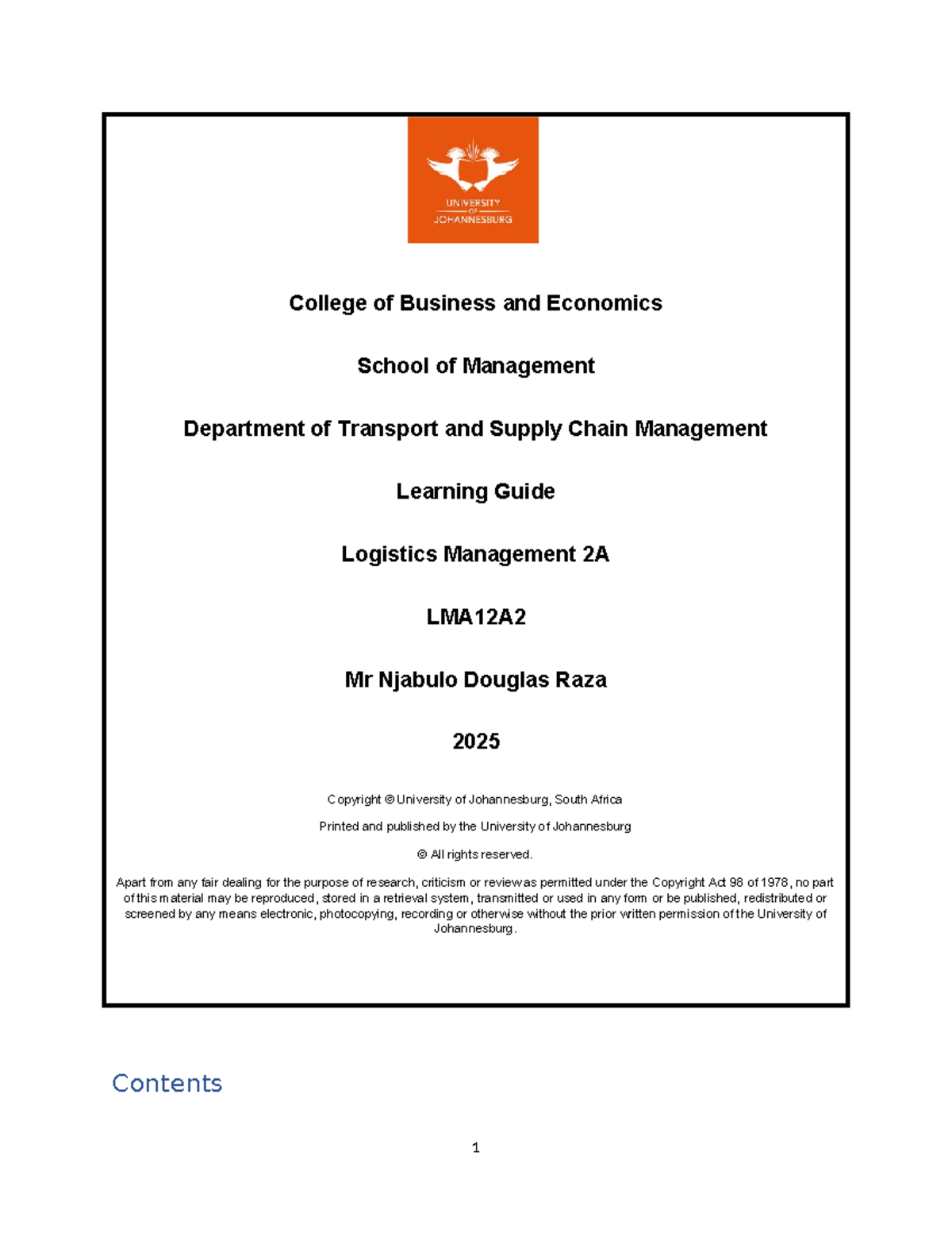 Logistics Management 2A Learning Guide 2025 - College of Business and ...