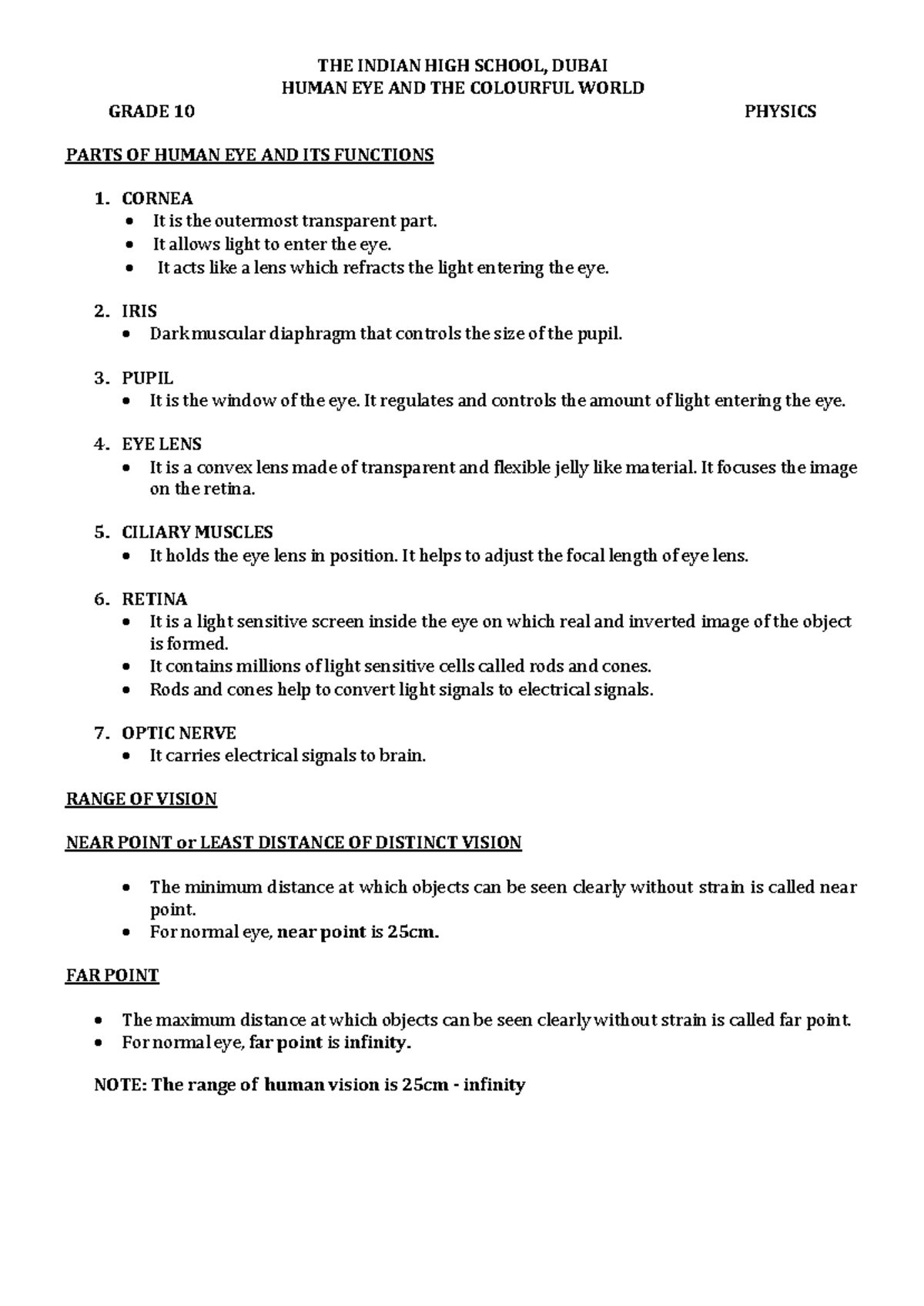 Grade 10 Physics: Human Eye and the Colorful World Notes - Studocu