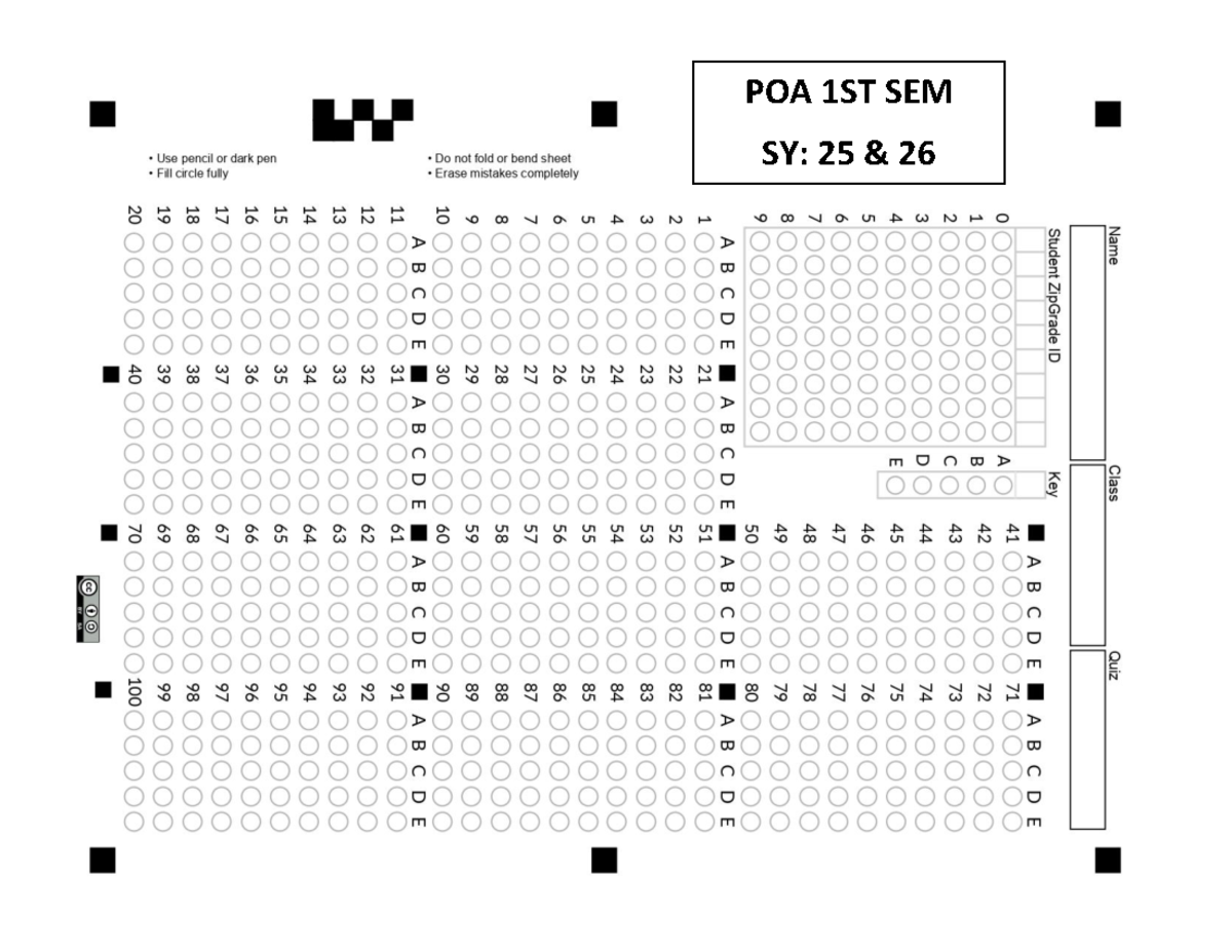 EXAM- Class Quiz Answer Sheet Key for Student ID CC - Studocu